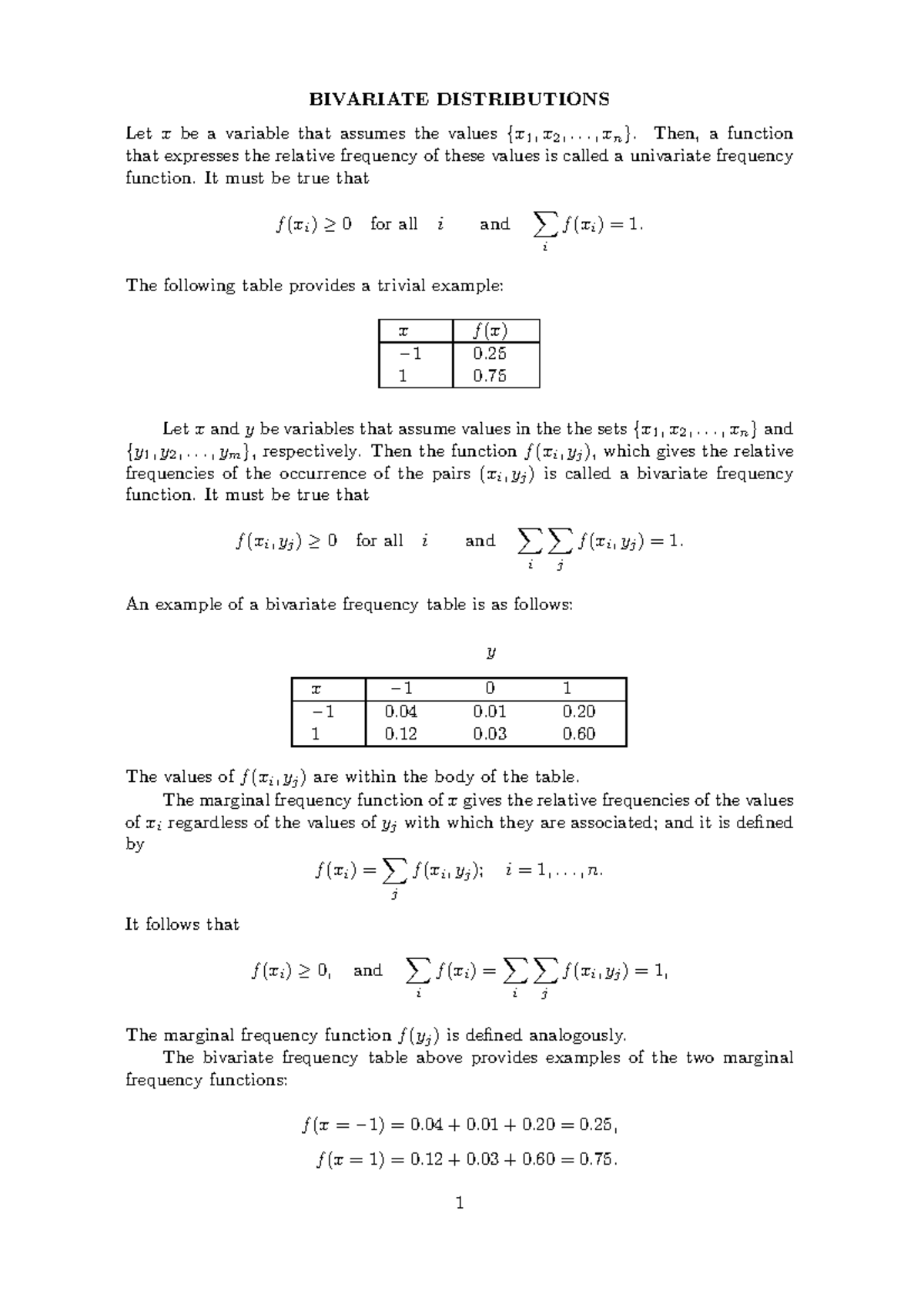 Bivariate Distributions - BIVARIATE DISTRIBUTIONS Let x be a variable ...