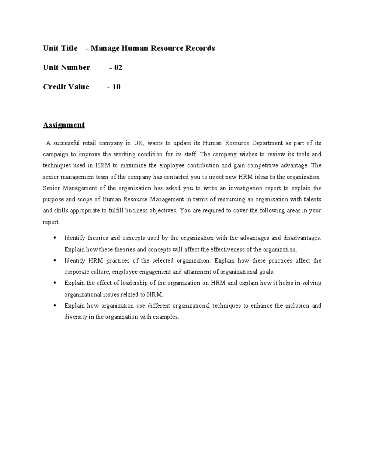 DIM V 2 - unit 2 - Unit Title - Manage Human Resource Records Unit ...