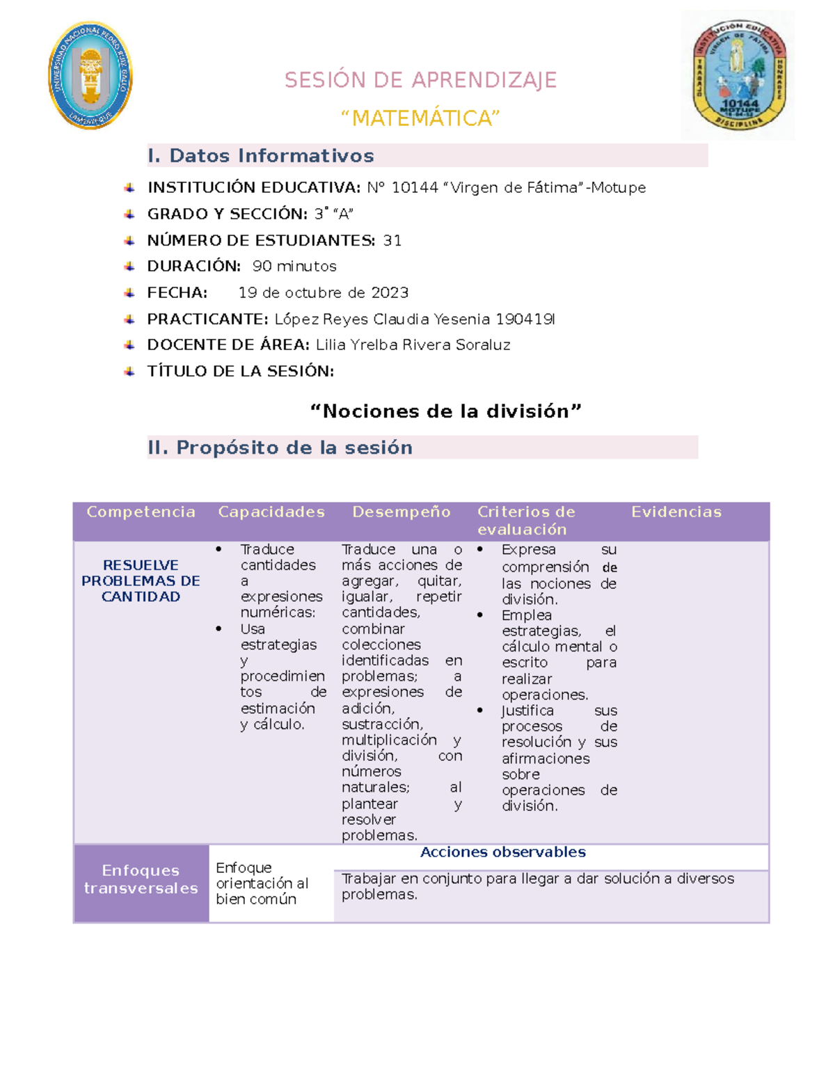 Nociones DE LA División 19-10 (3°) - SESIÓN DE APRENDIZAJE “MATEMÁTICA ...