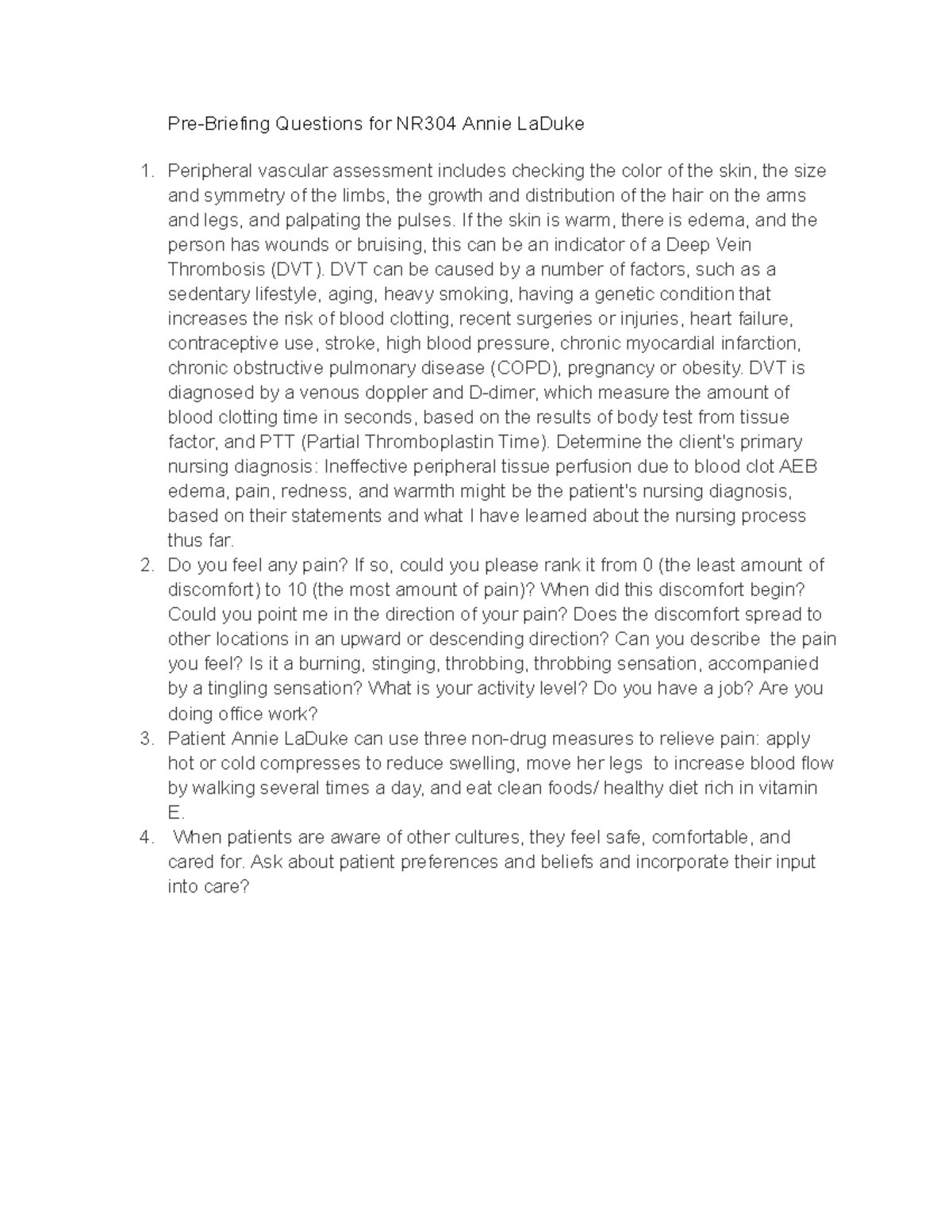 Pre-Briefing Questions for NR304 Annie La Duke - Pre-Briefing Questions ...