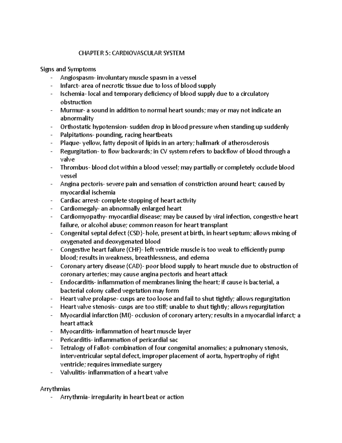 MED TERM- cardiovascular - CHAPTER 5: CARDIOVASCULAR SYSTEM Signs and ...