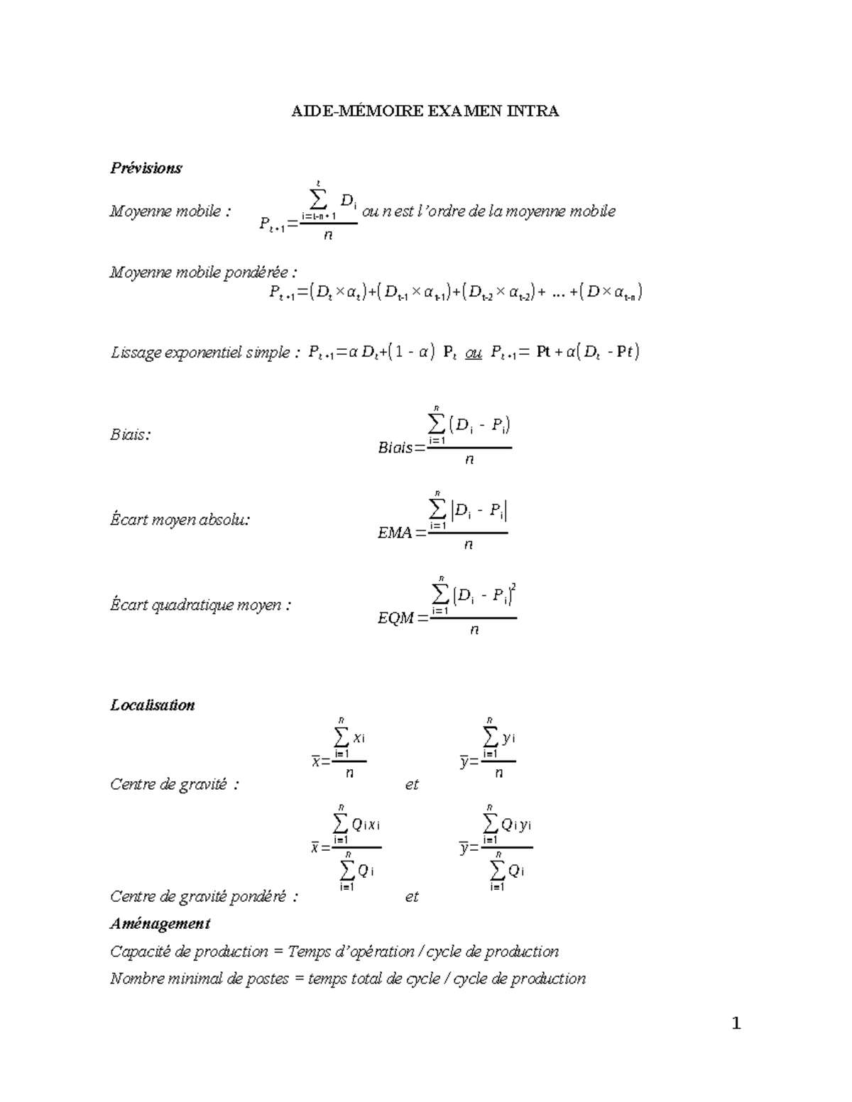 Aide-mémoire 1 - Aide mémoire pour examen intra - AIDE-MÉMOIRE EXAMEN INTRA Prévisions Moyenne ...