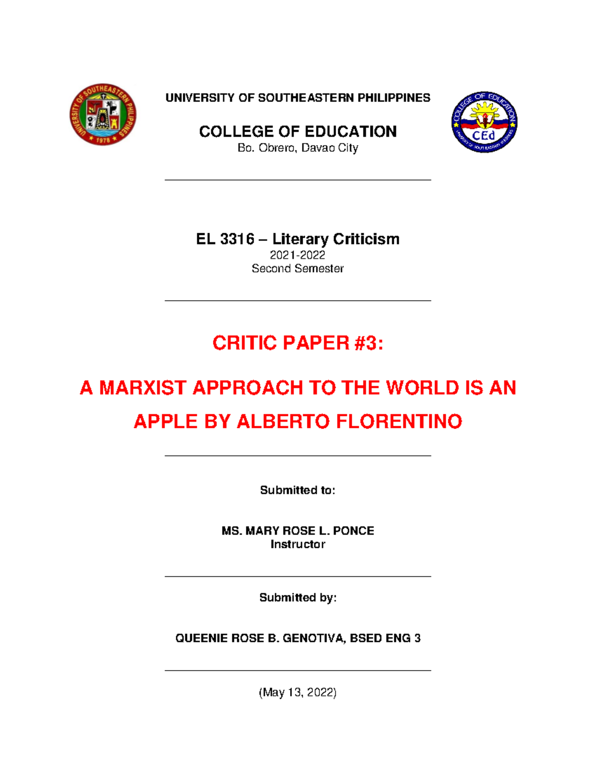 Literary Criticism: Critic Paper 3 - Marxist Approach on The world is ...