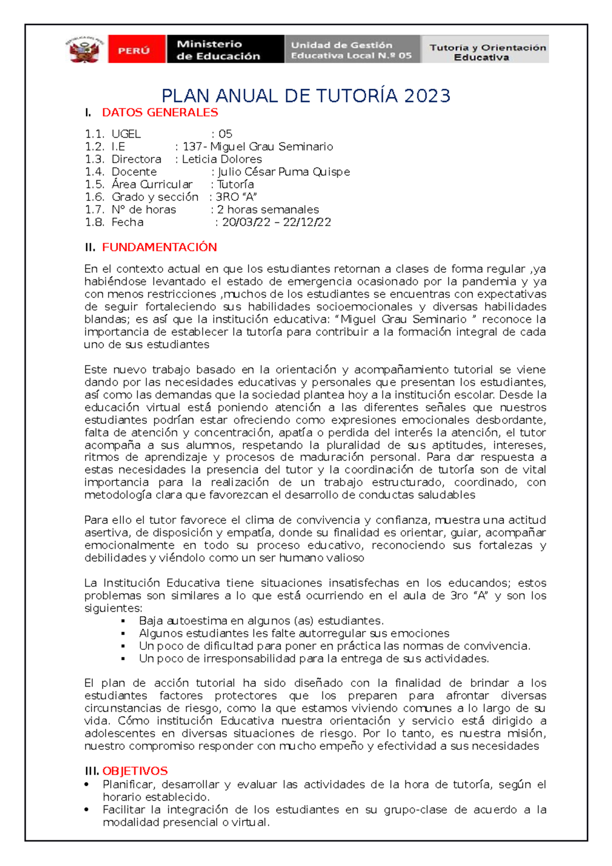 PLAN Anual DE Tutoría - 3RO A DE Secundaria - PLAN ANUAL DE TUTORÍA 2023 I. DATOS GENERALES 1 ...