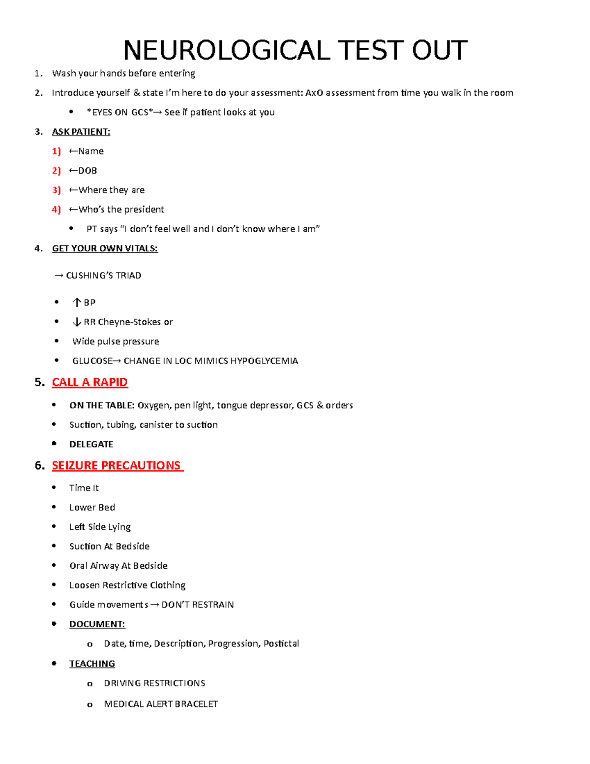 Neuro Test Out - NEUROLOGICAL TEST OUT 1. Wash your hands before ...