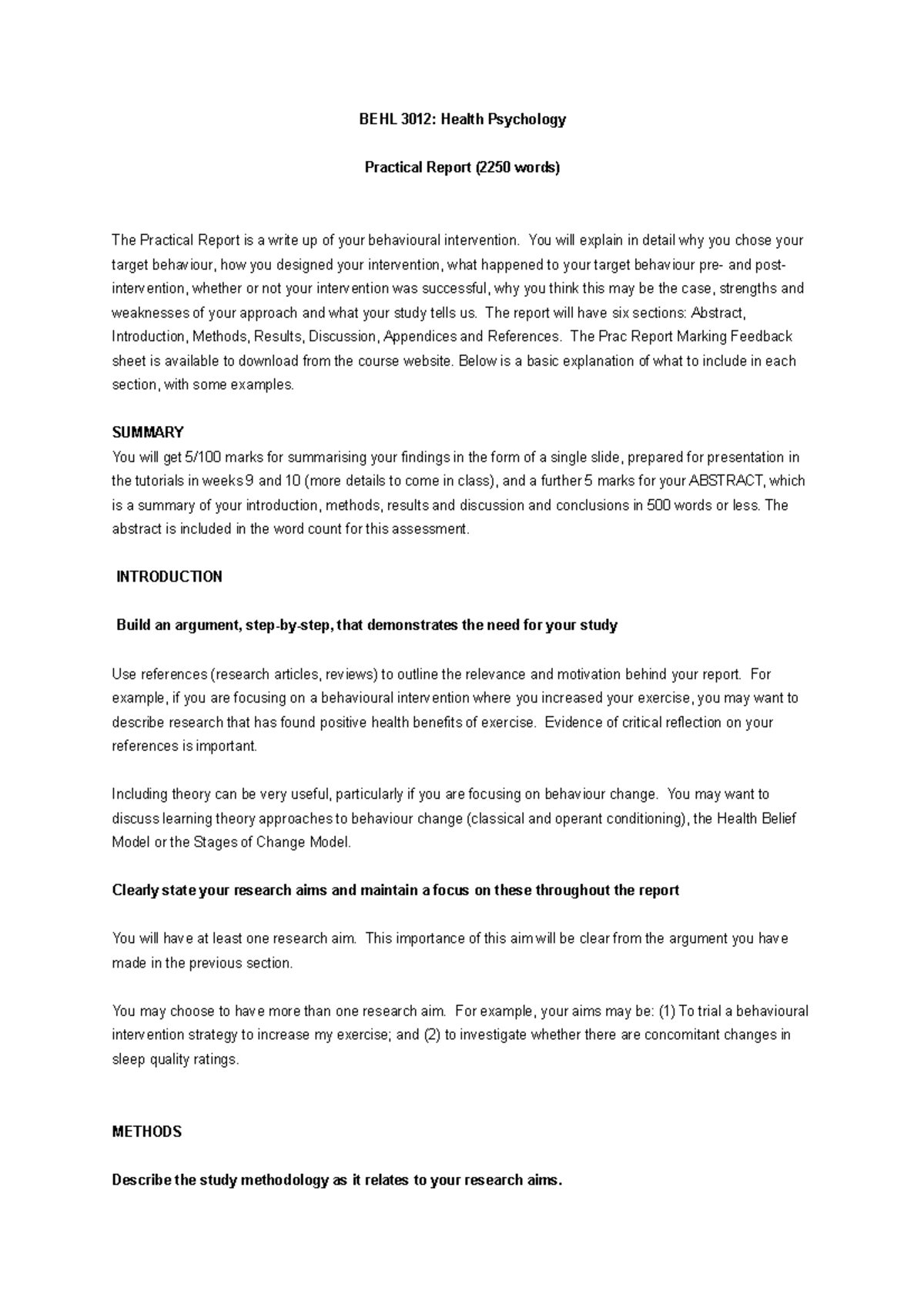 Prac Report Information 2022 - BEHL 3012: Health Psychology Practical ...