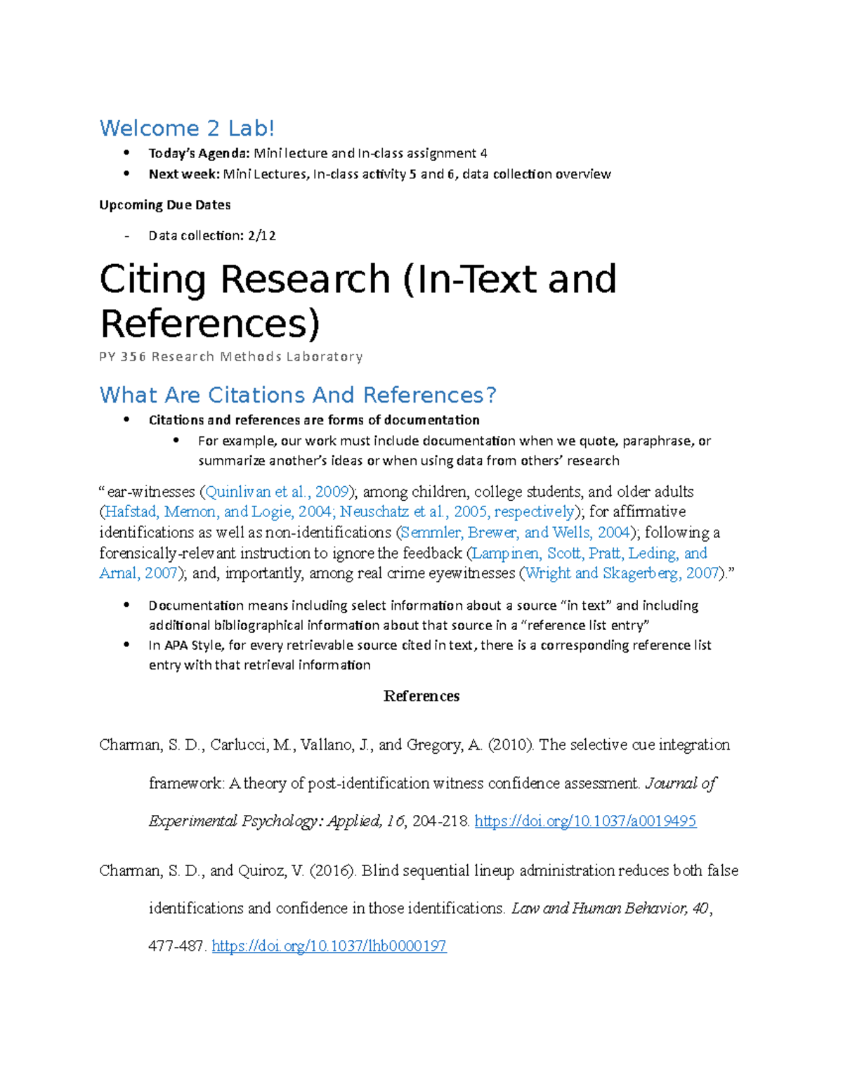 Citing Research and In-Text Citations - Welcome 2 Lab! Today’s Agenda ...
