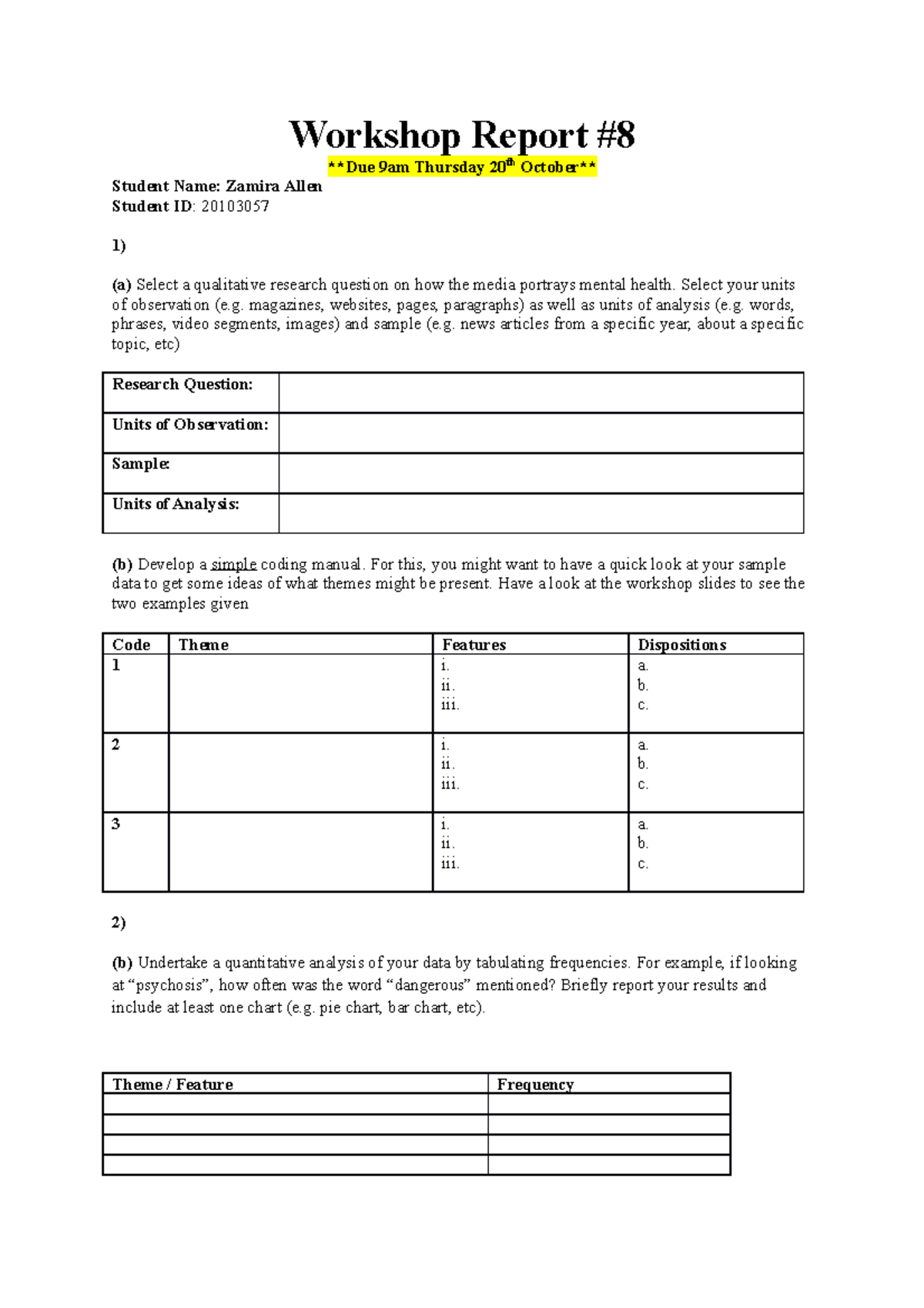Workshop Report 8 Hand In Sheet - Workshop Report Due 9am Thursday 20th ...