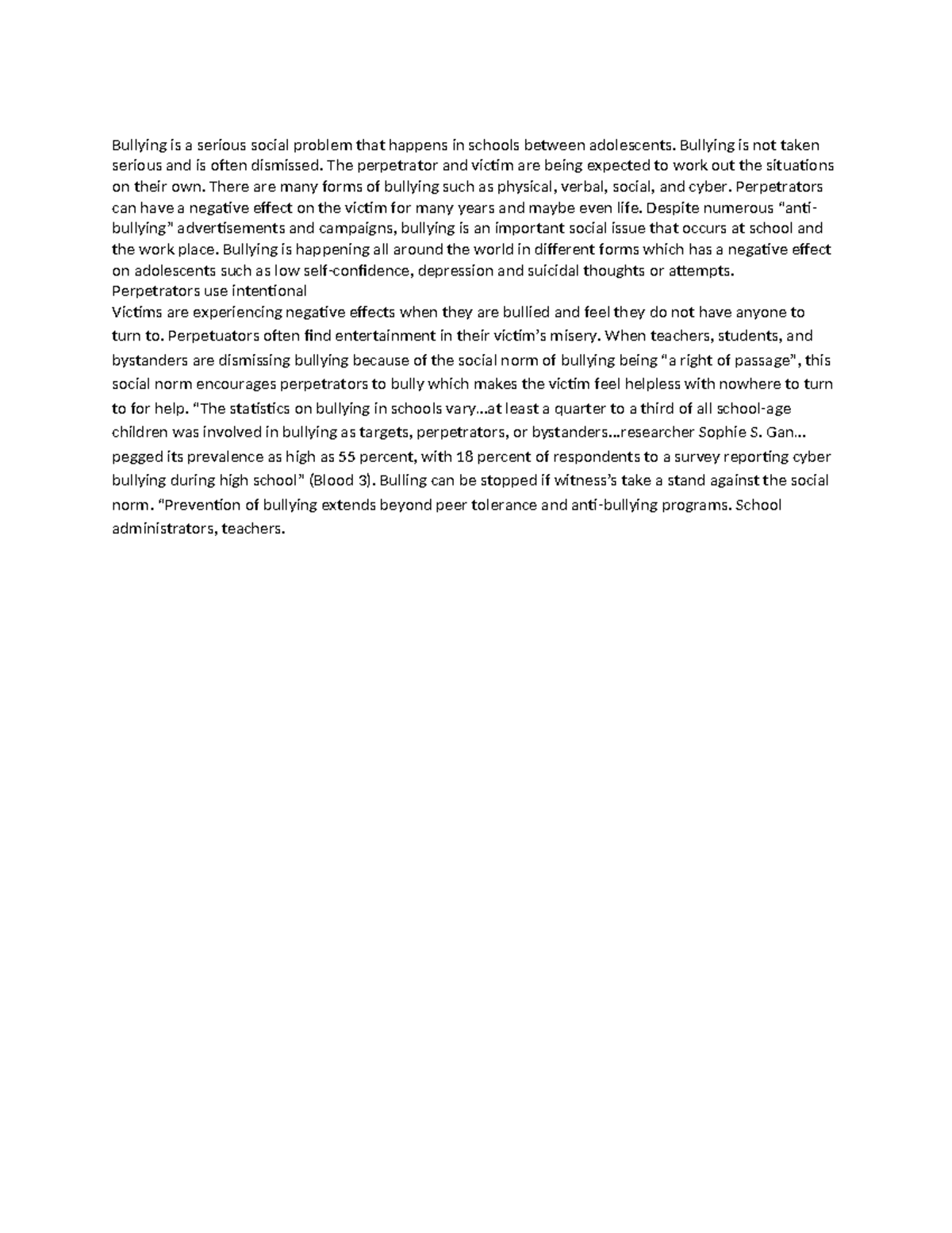 Reflection paper - Bullying is a serious social problem that happens in ...