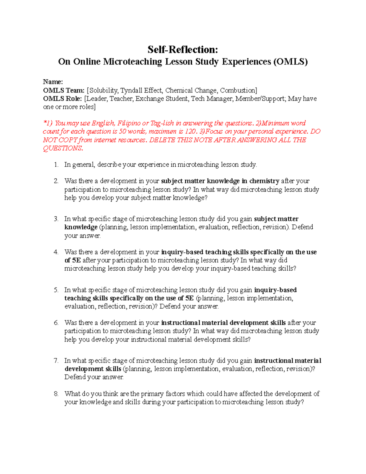 Self-reflection-Form - Self-Reflection: On Online Microteaching Lesson ...