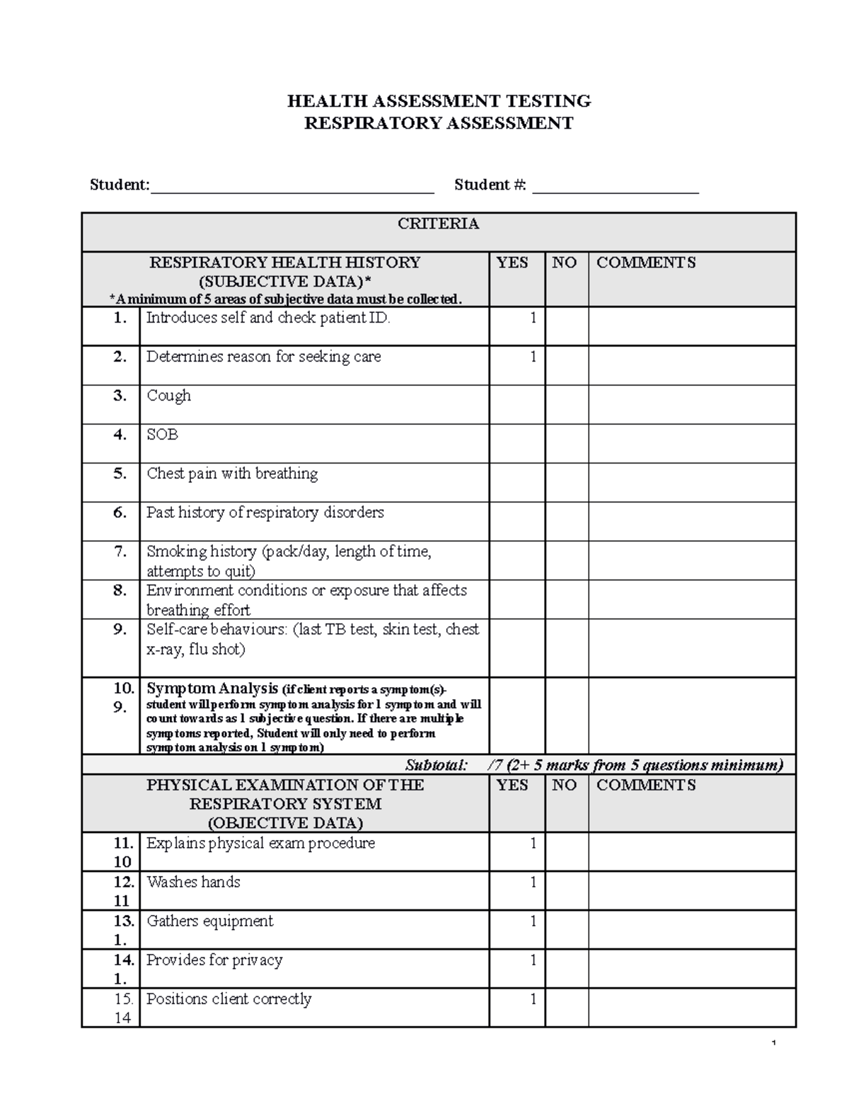 Respiratory Checklist 2023 - HEALTH ASSESSMENT TESTING RESPIRATORY ...