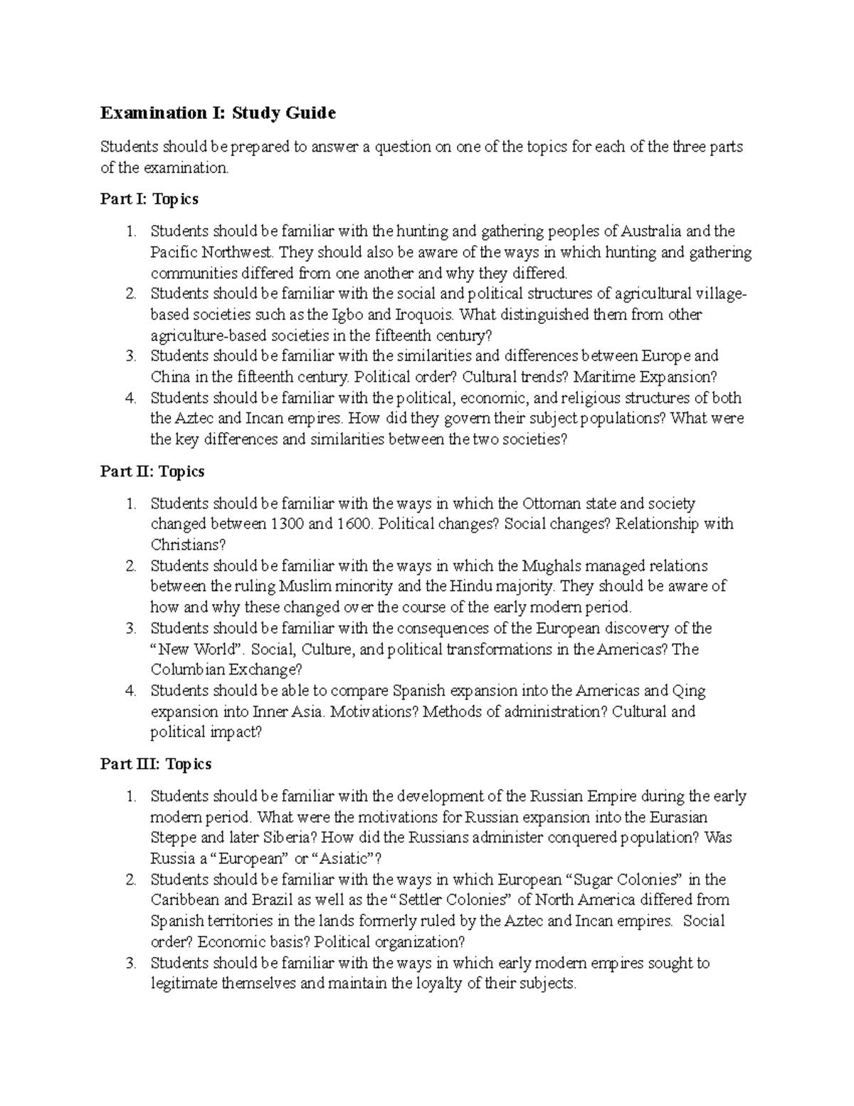 Examination I Study Guide - Examination I: Study Guide Students should ...