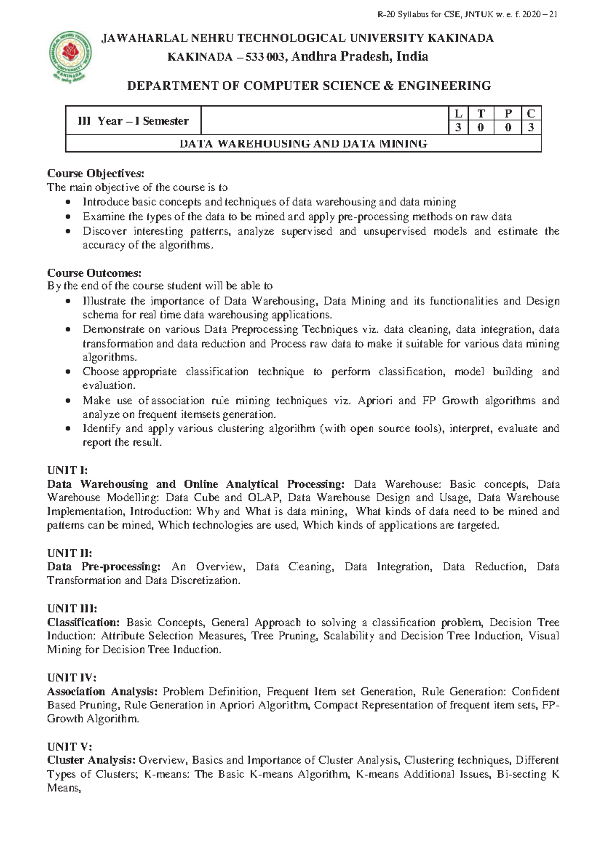 DWDM Syllabus - R-20 Syllabus for CSE, JNTUK w. e. f. 2020 – 21 ...