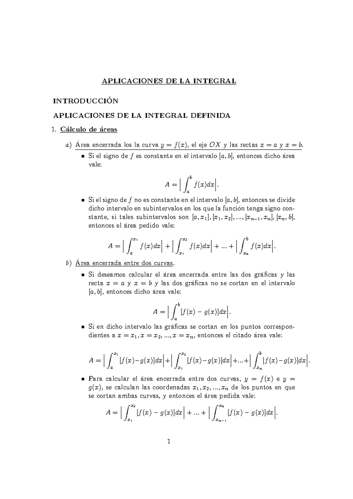 Aplicacionesintegral - APLICACIONES DE LA INTEGRAL INTRODUCCI ́ON ...