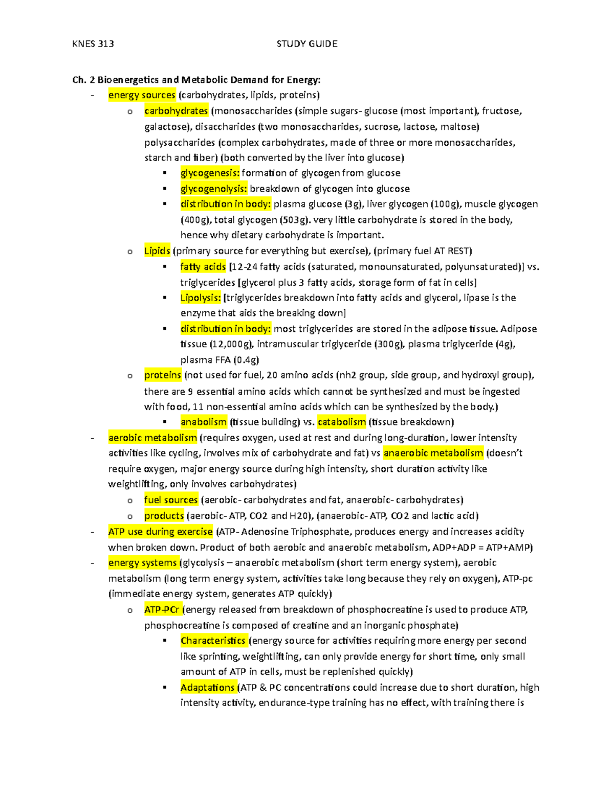 Chapter 2 Study Guide - KNES 313 STUDY GUIDE Ch. 2 Bioenergetics and ...