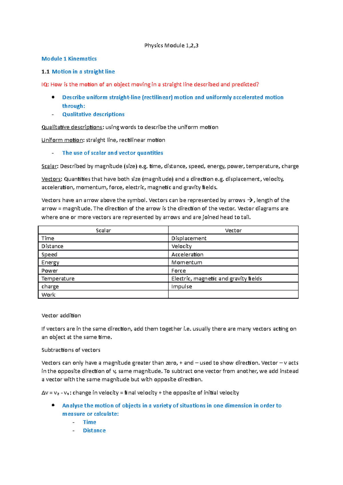 Physics notes - Physics Module 1,2, Module 1 Kinematics 1 in a straight ...