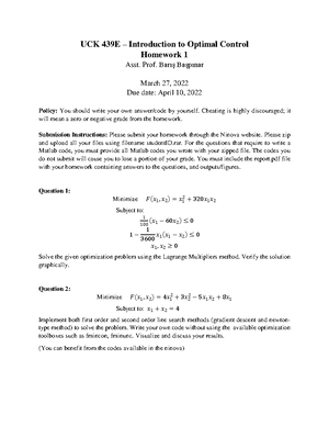 Term Project - UCK 439E – Introduction to Optimal Control: Term Project ...