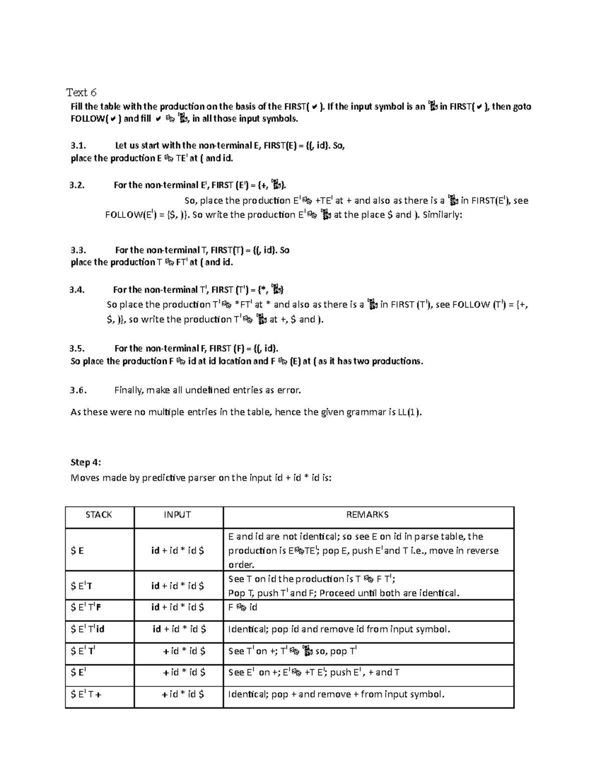 Text 6 Part Automata And Compiler Design Full Notes Text 6 Fill The Table With The Production