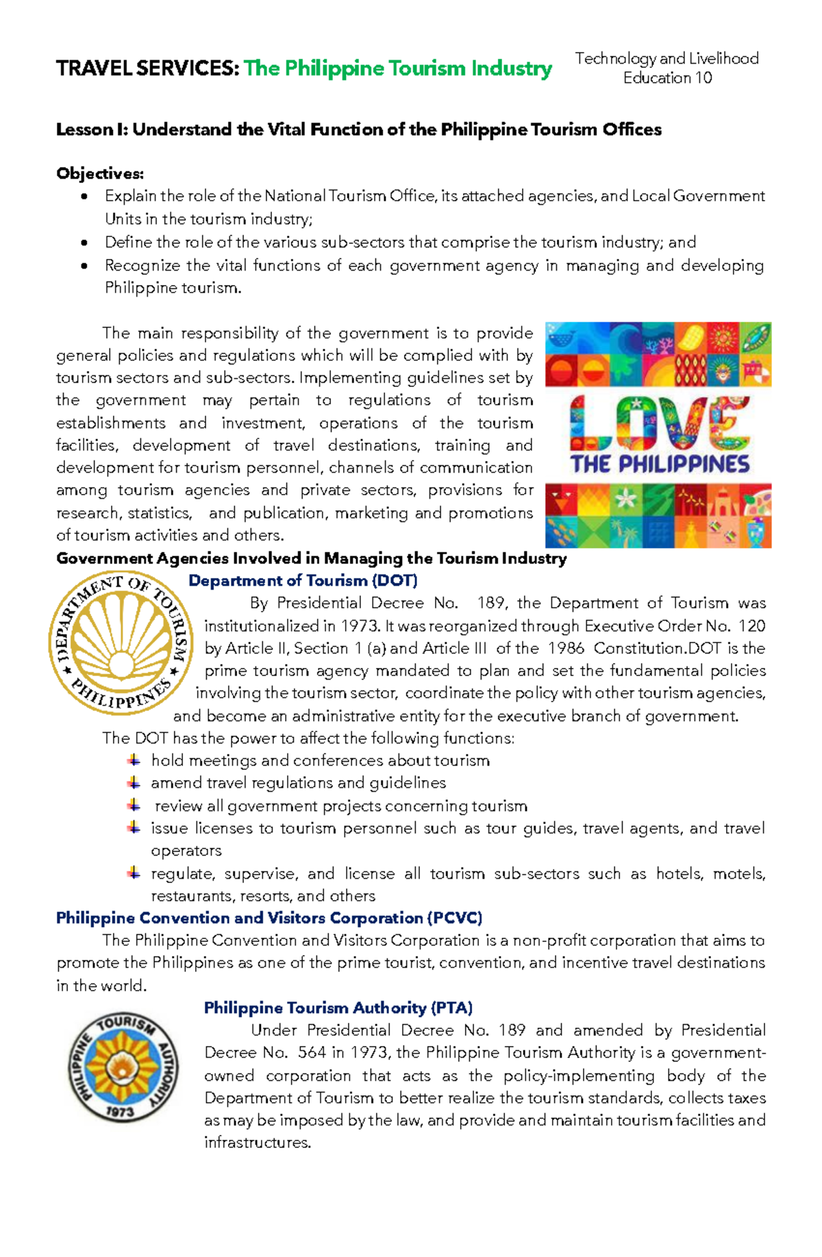 Lesson I- Philippine Tourism Industry - TRAVEL SERVICES: The Philippine ...