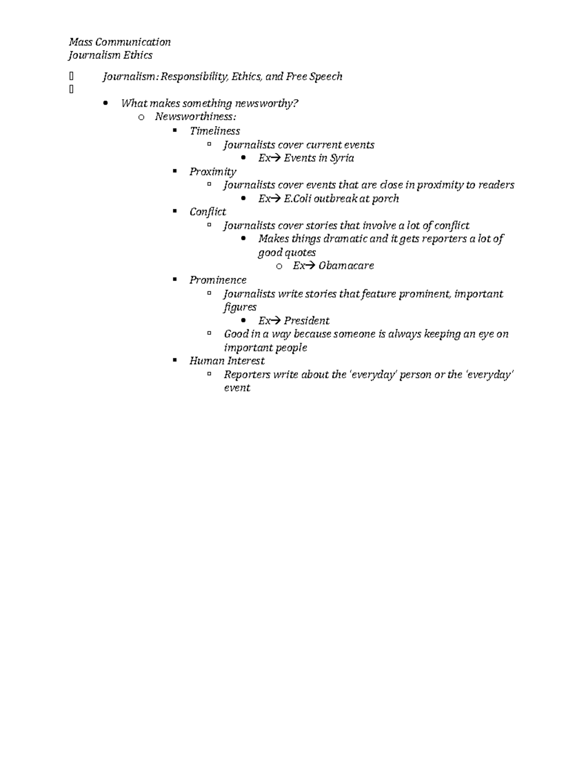 Journalism Ethics - Nicholas Maradin Final Review by topic - Mass ...