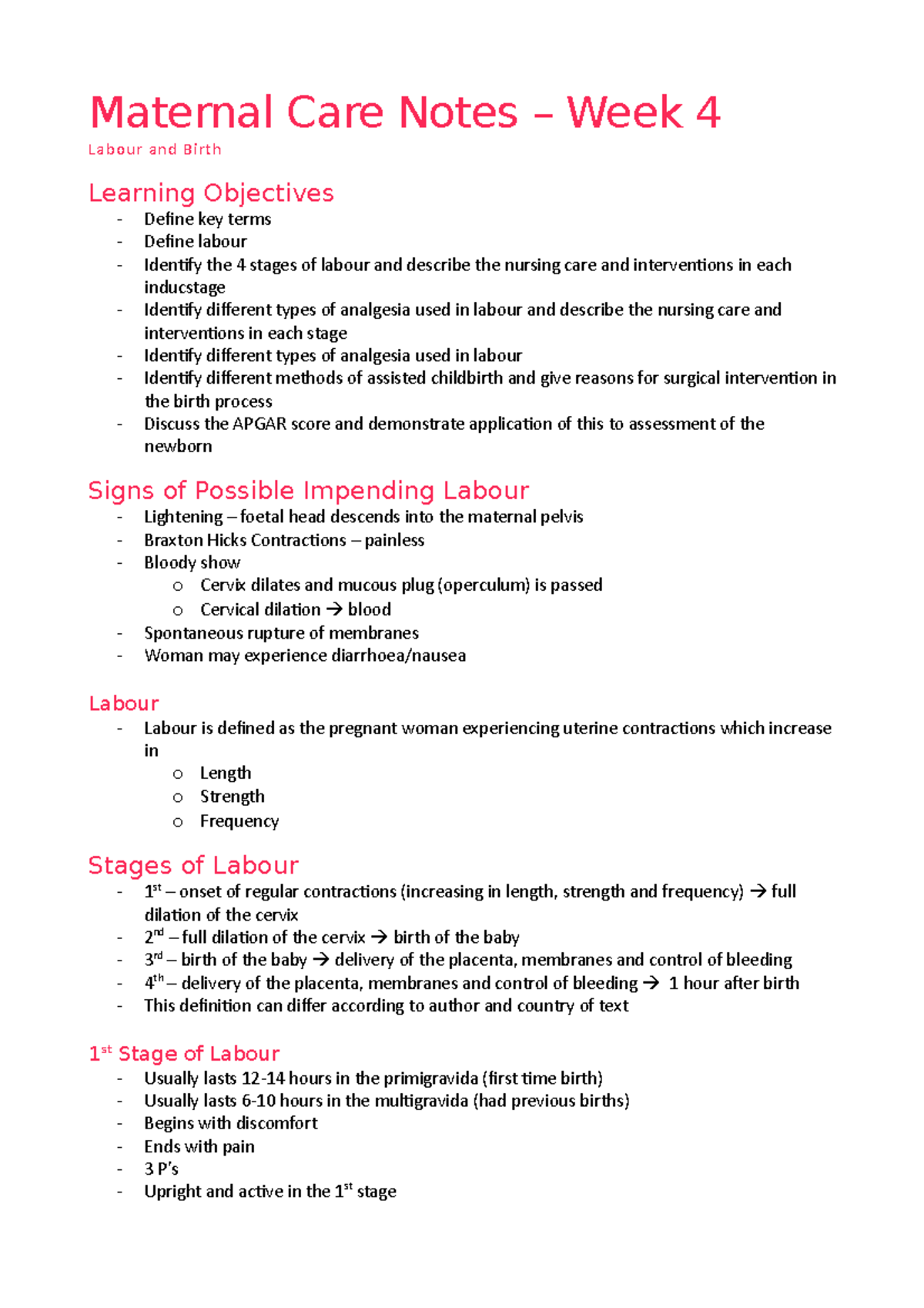 Maternal Care Notes – Week 4 - Maternal Care Notes – Week 4 Labour and ...