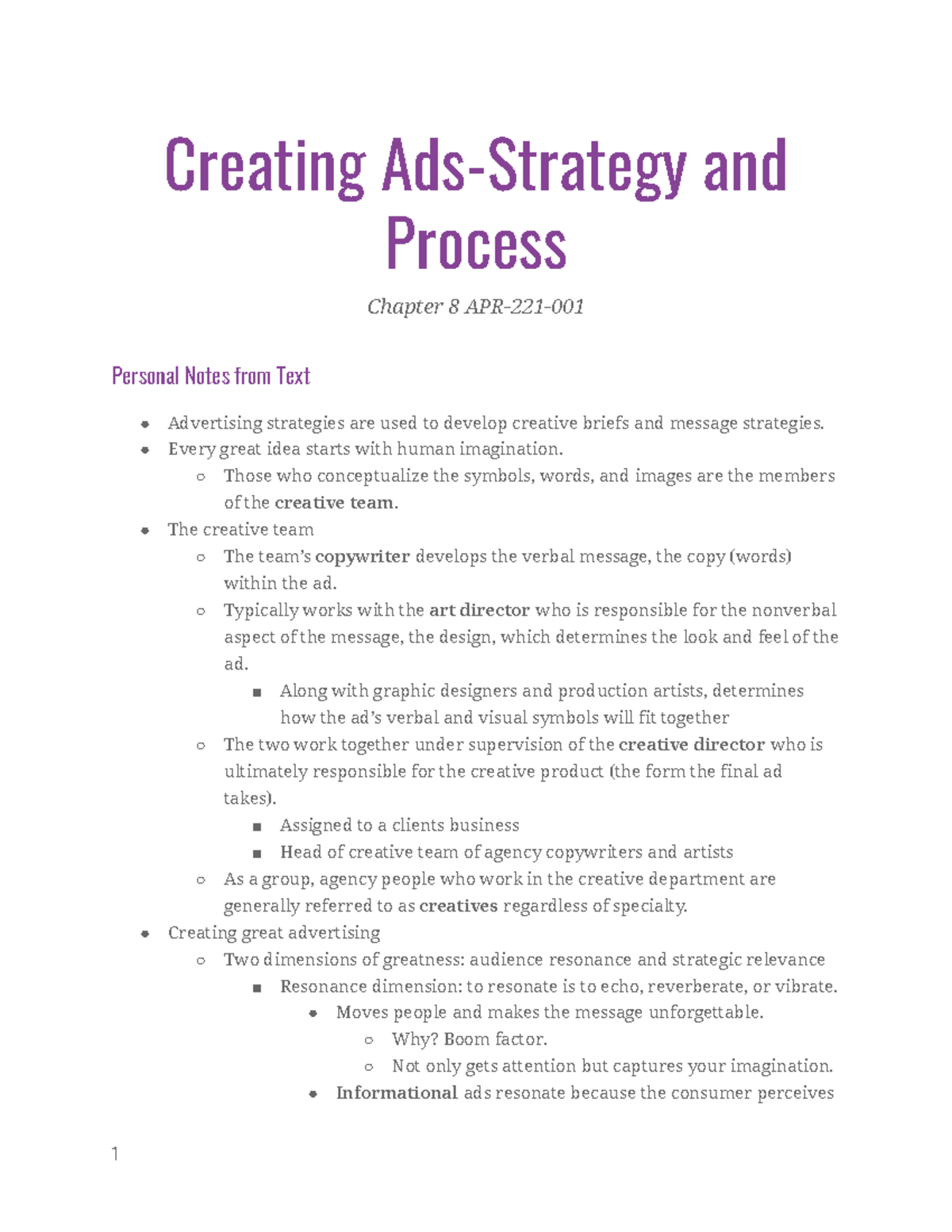 Exam 2 APR Notes - Creating Ads-Strategy and Process Chapter 8 APR-221 ...