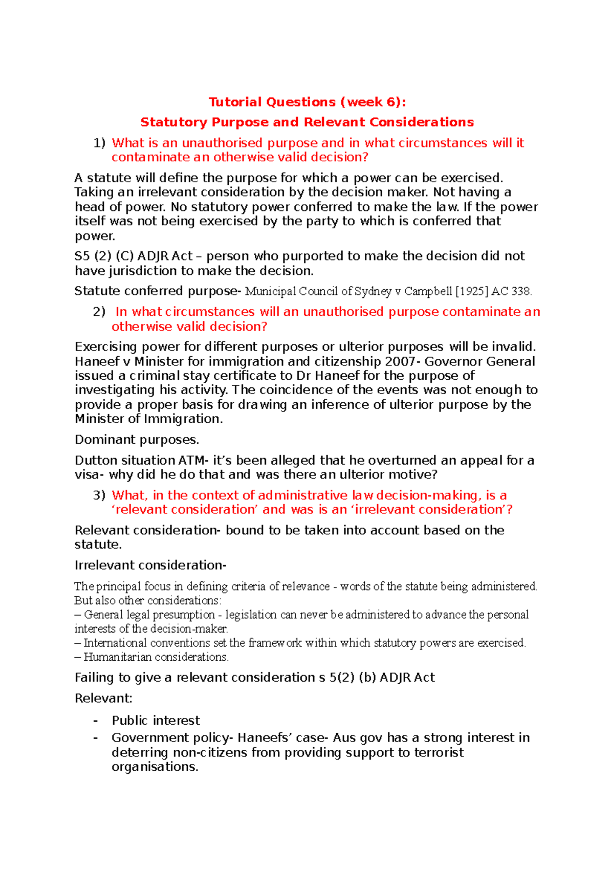 Admin Answer WEEK 7 - Tutorial Questions (week 6): Statutory Purpose ...