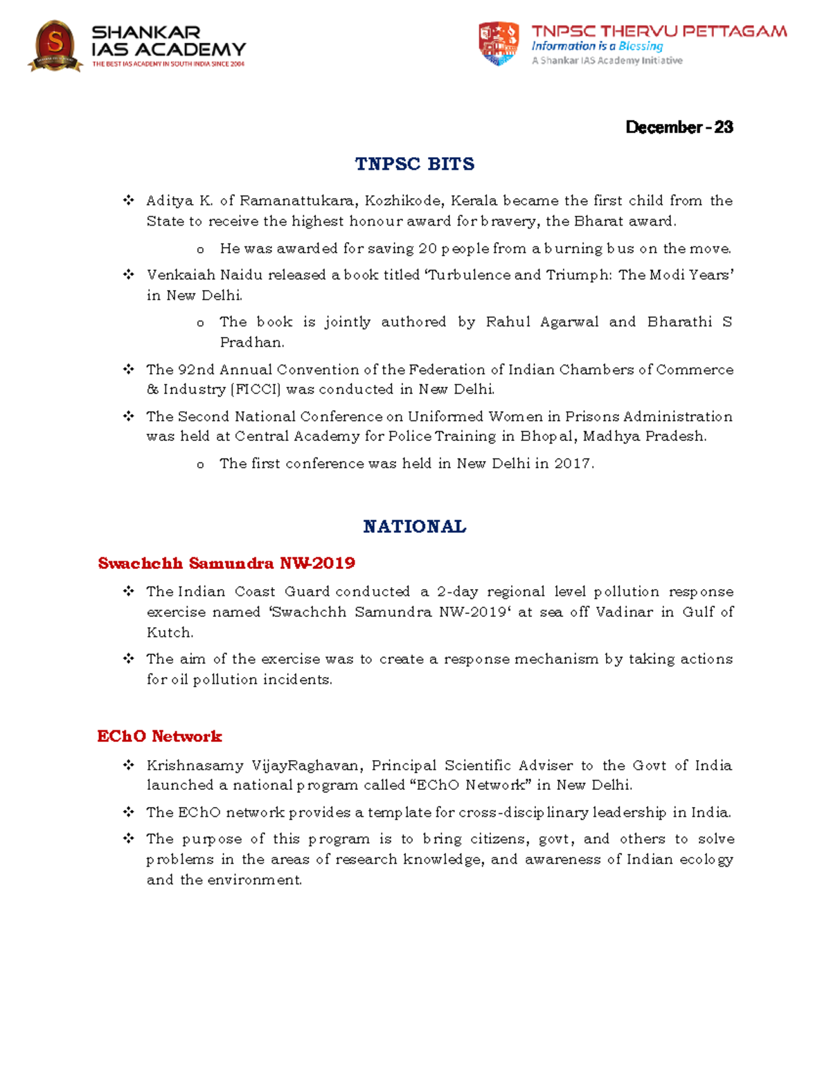 December 23 - English [Current affairs for the month December-2019 ...