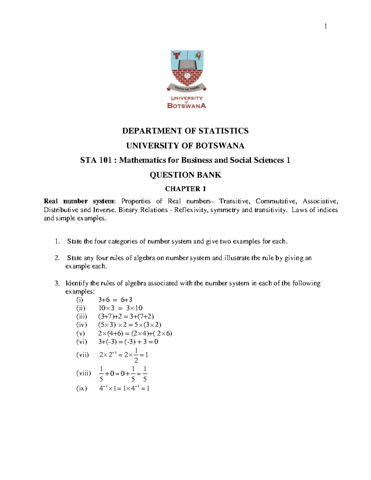 STA 101 Question Bank 1-8 2021 - DEPARTMENT OF STATISTICS UNIVERSITY OF ...