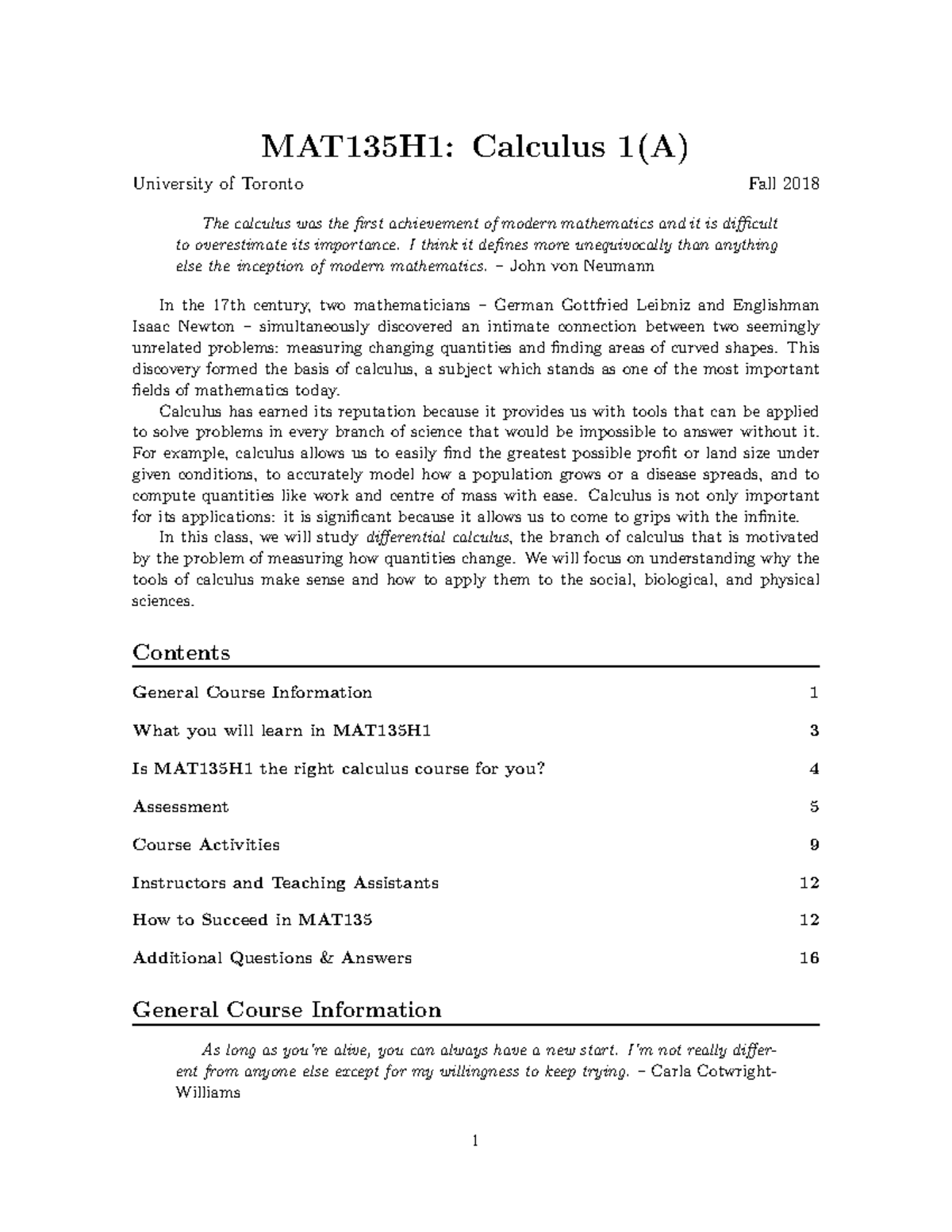 MAT135 Calculus I - Syllabus - MAT135H1: Calculus 1(A) University of ...