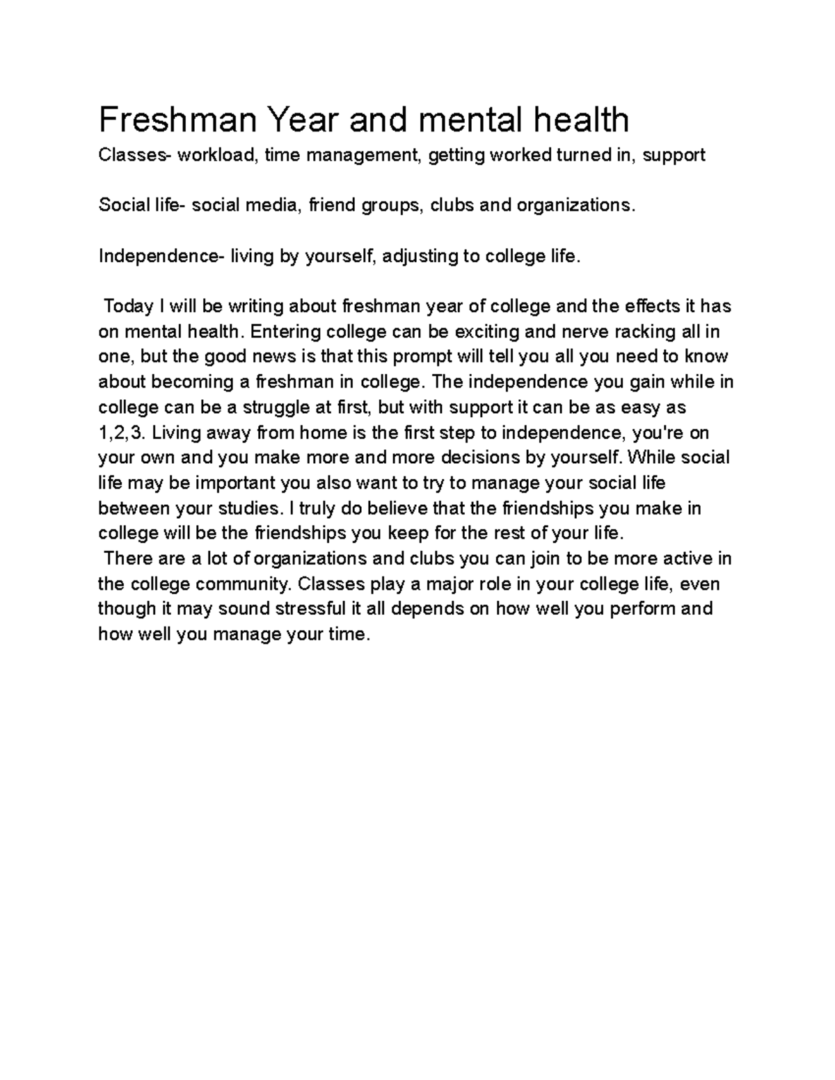 College writing - Notes taken while in class - Freshman Year and mental ...