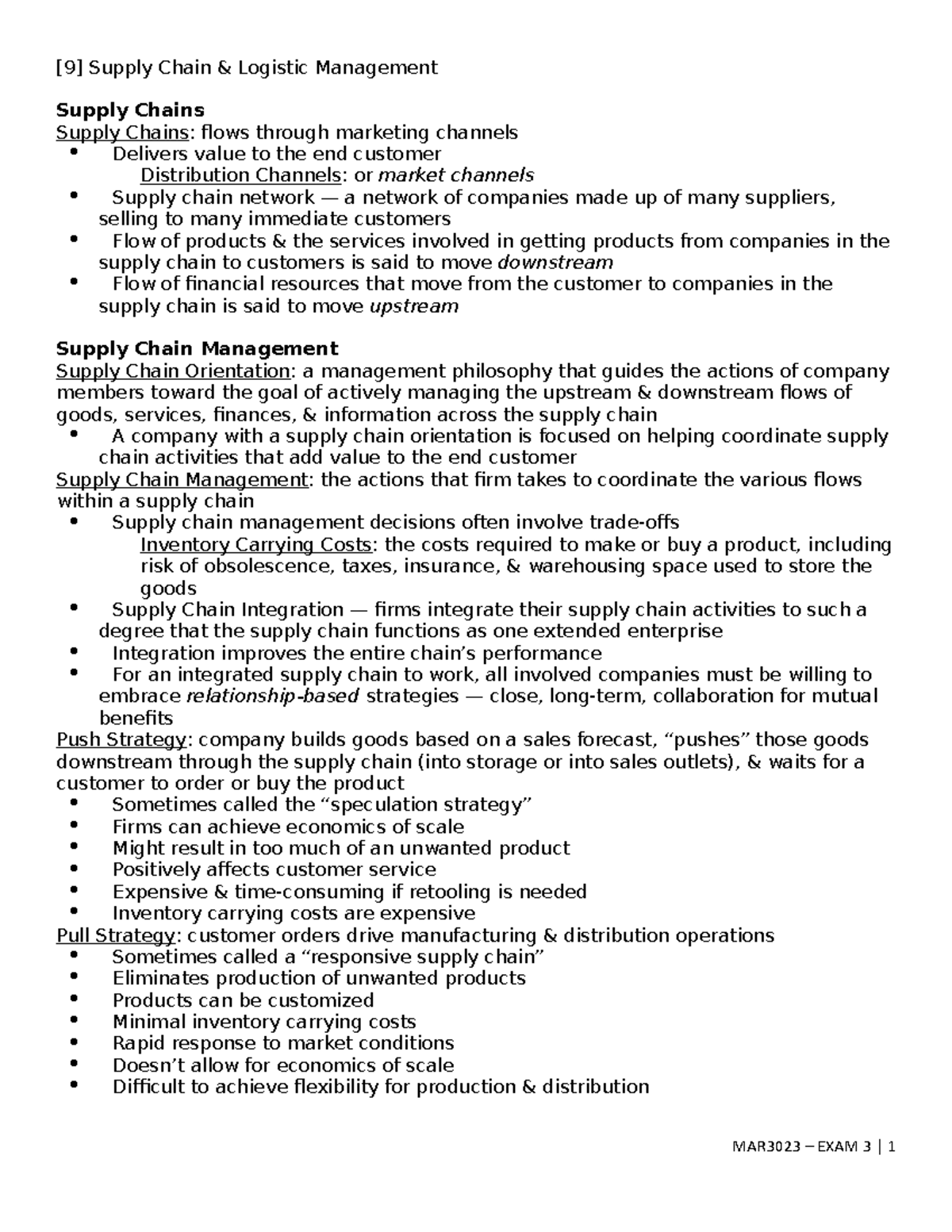 Exam 3 Review Lecture Notes - Supply Chain Logistic Management Supply ...