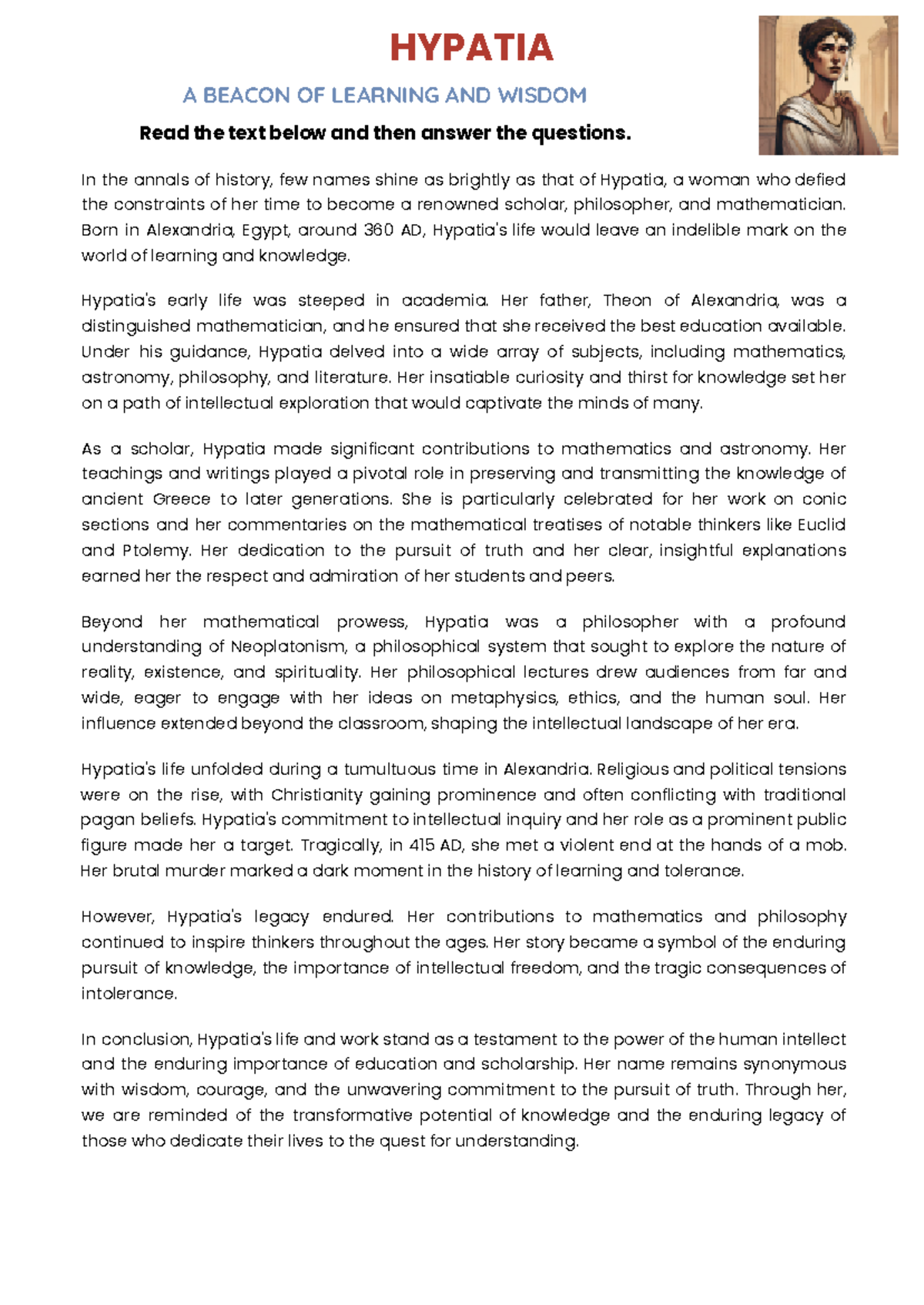 Hypatia of Alexandria Reading - HYPATIA A BEACON OF LEARNING AND WISDOM ...