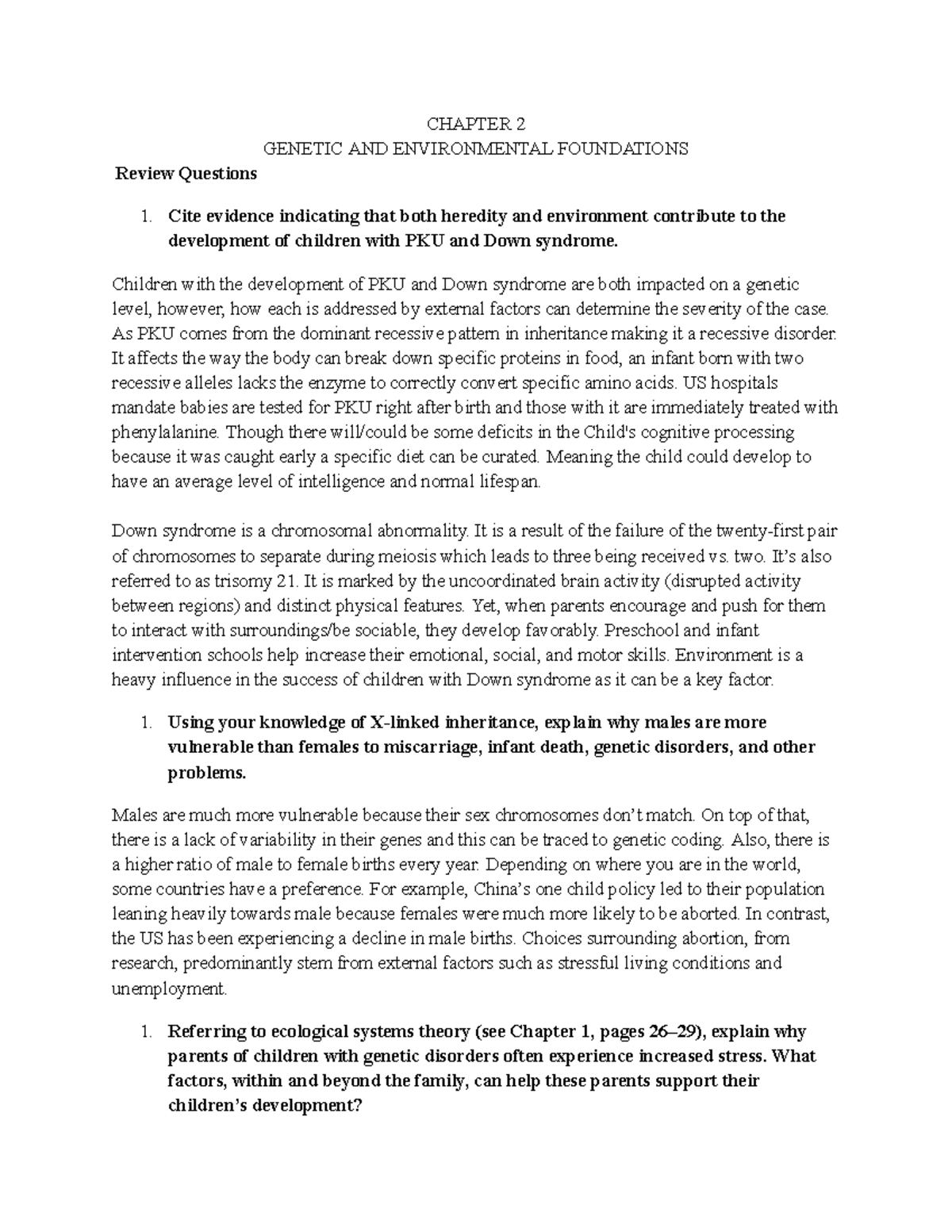 Chapter 2 Review Questions - CHAPTER 2 GENETIC AND ENVIRONMENTAL ...