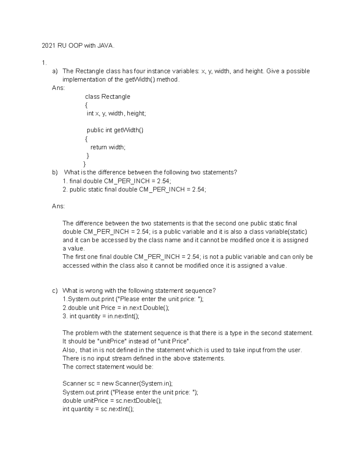 2021 RU OOP with JAVA par A and B - Programming - RU - Studocu