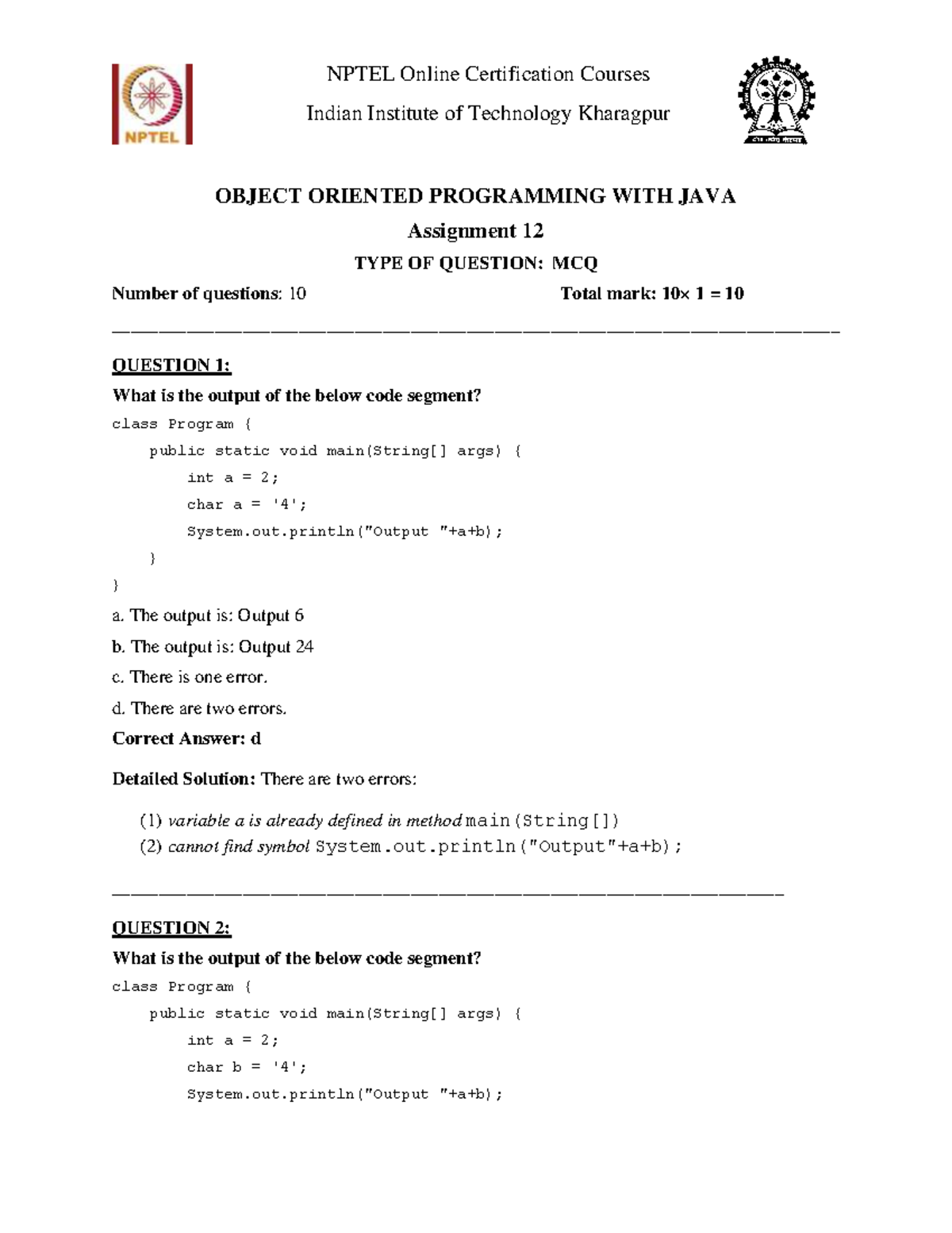 Week-12 Assignment updated - Indian Institute of Technology Kharagpur OBJECT ORIENTED ...