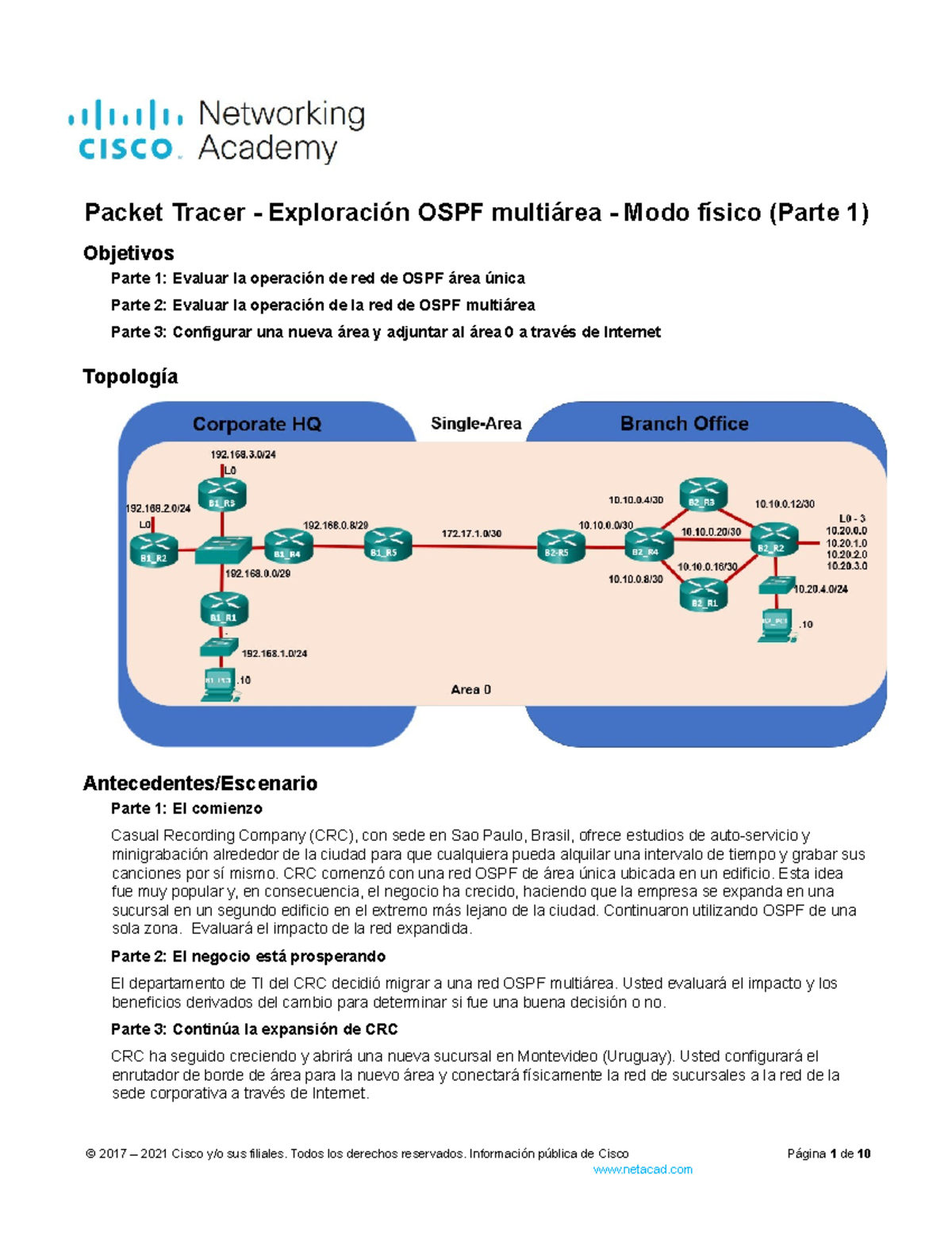 Ejercicio 2.7.3 parte 1 - Objetivos Parte 1: Evaluar la operación de red de OSPF área única ...