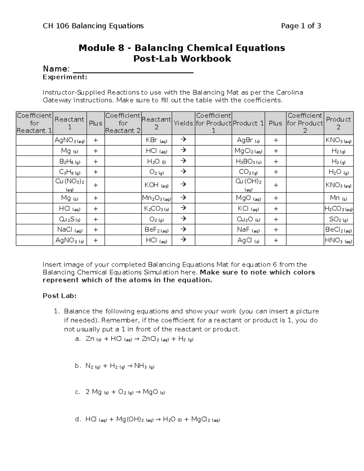 Module 8 Post-lab Workbook F23 V2 - CH 106 Balancing Equations Page 1 ...