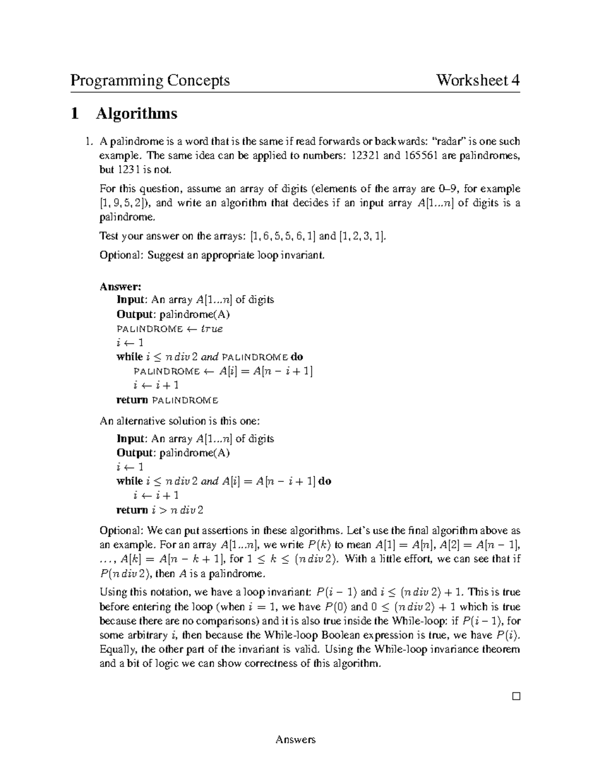 Answer sheet for Worksheet 4 - Programming Concepts Worksheet 4 1 ...