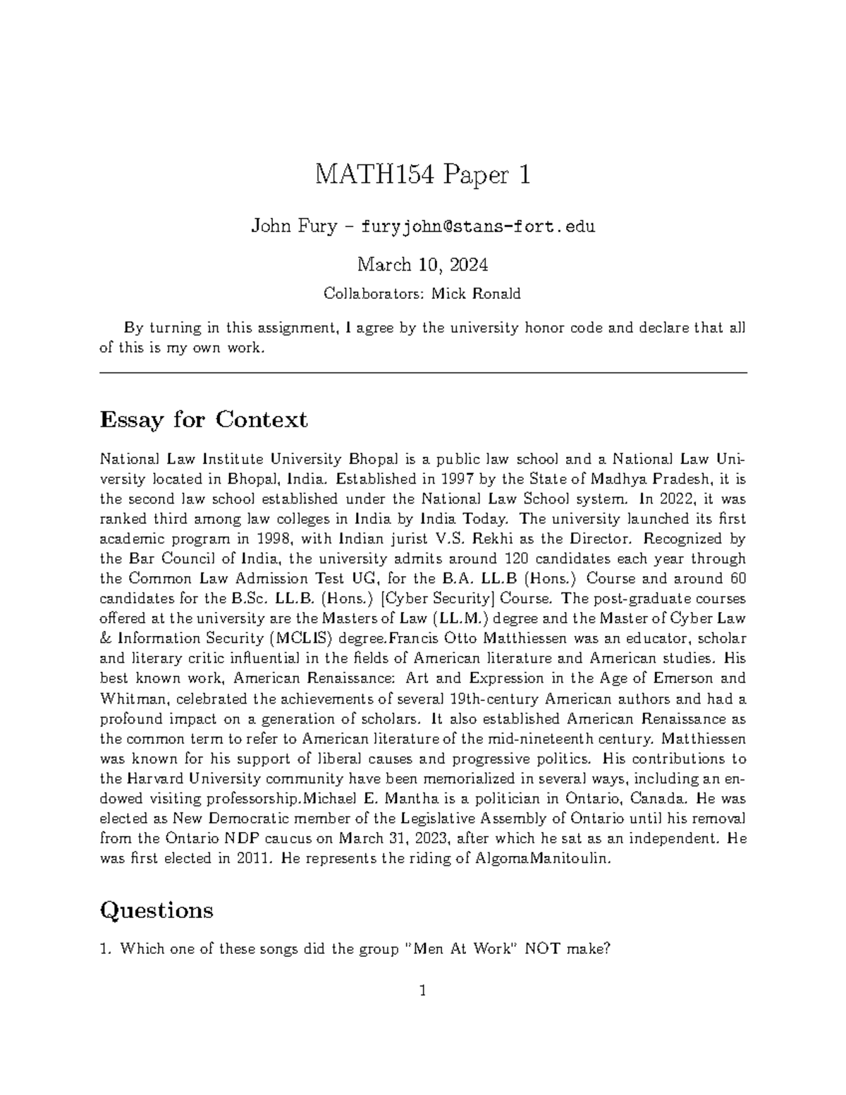 MATH154 Paper 1 - A continuation of MATH 153 with emphasis on ...