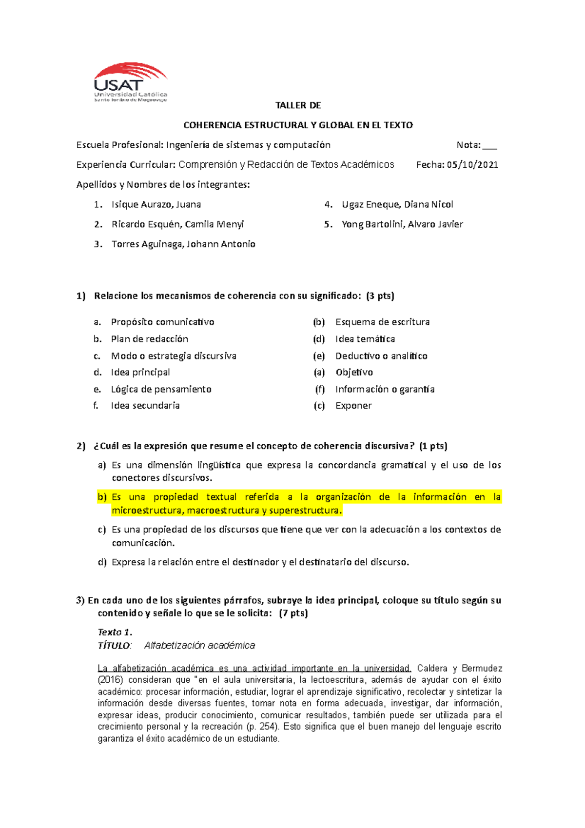 Taller DE Coherencia Estructural - TALLER DE COHERENCIA ESTRUCTURAL Y ...
