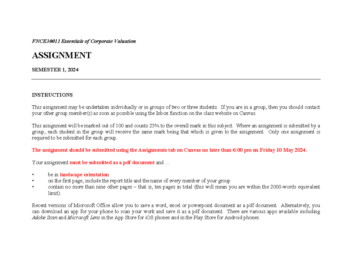 30011-Assignment-24 - FNCE30011 Essentials of Corporate Valuation ...