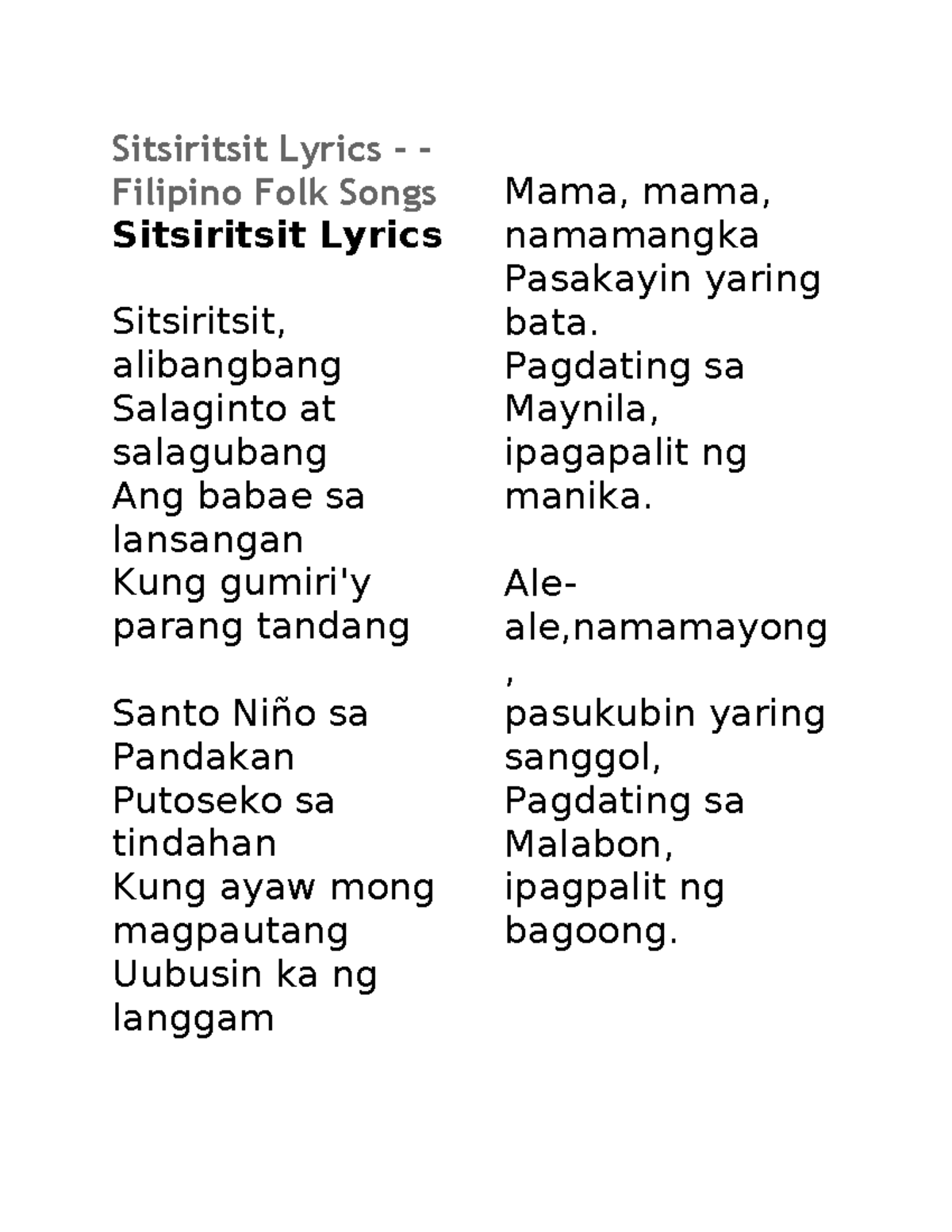 Sitsiritsit Lyrics - COMPLIANCE - Sitsiritsit Lyrics - Filipino Folk ...