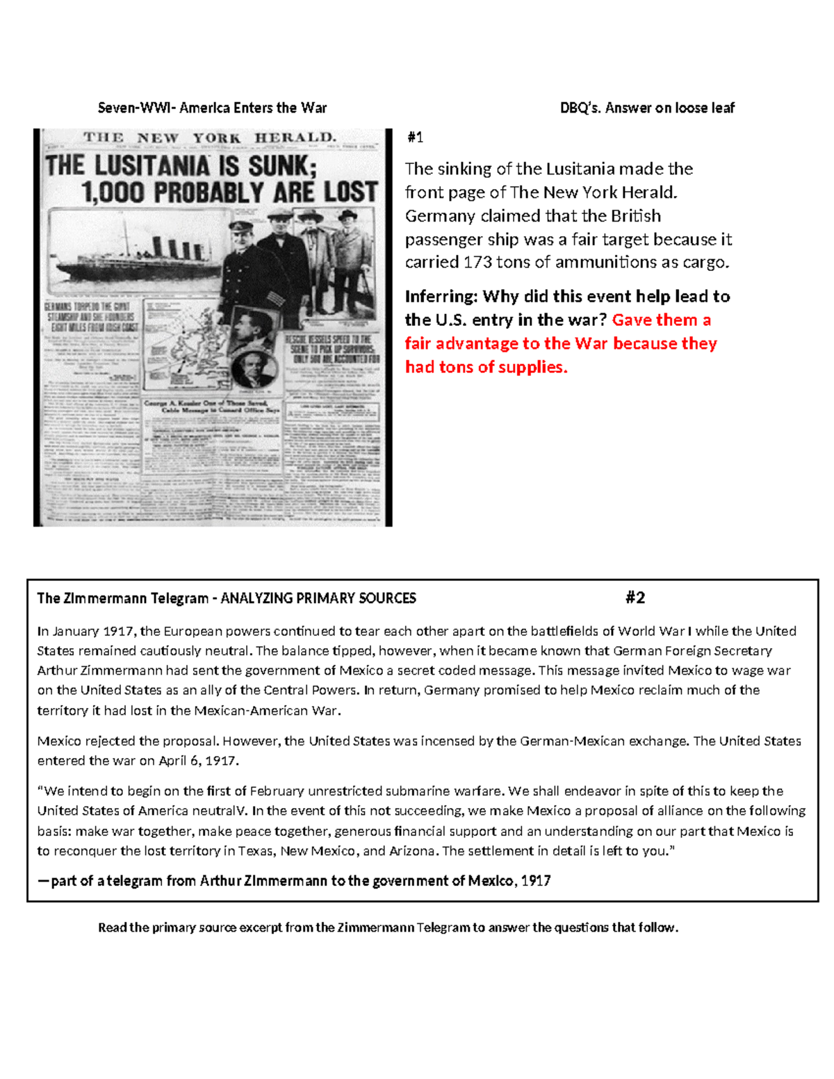 7-WWI- Americas Road to War - Seven-WWI- America Enters the War DBQ’s ...