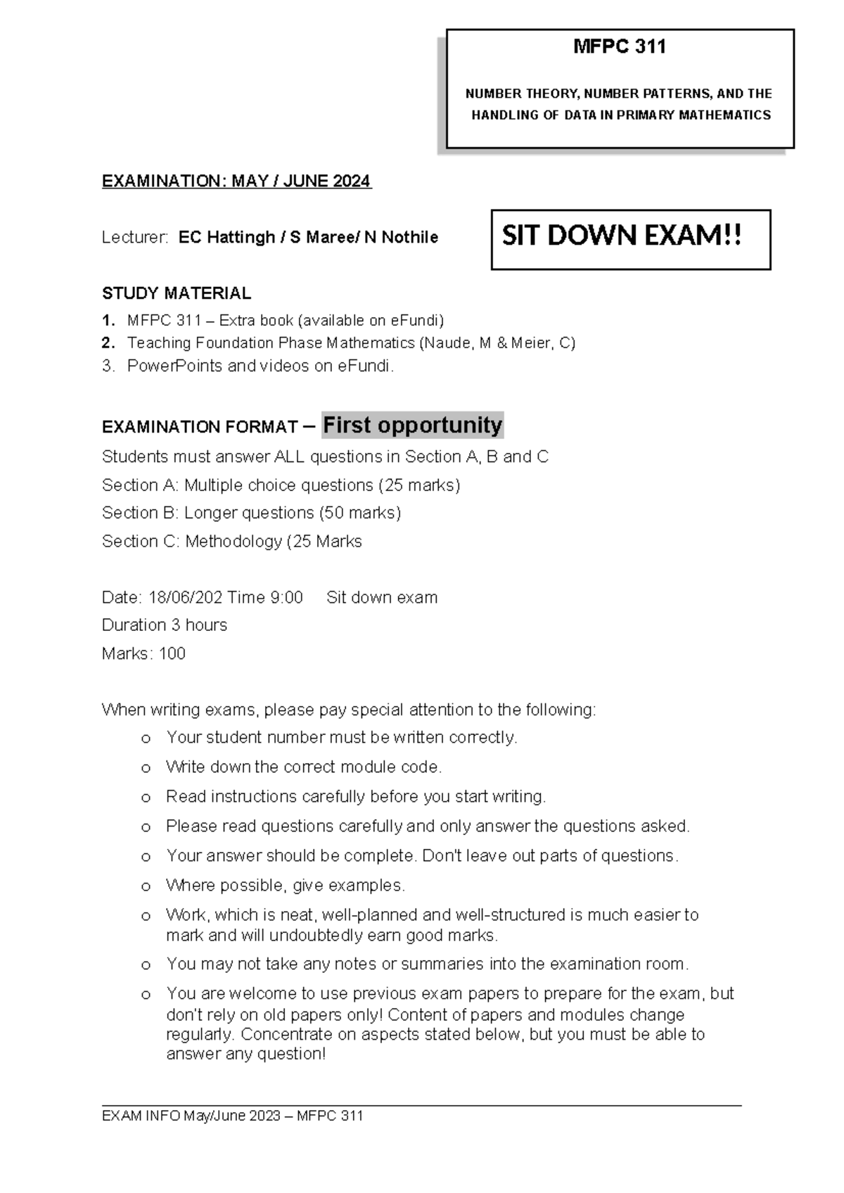 Exam Letter MFPC 311 2024 - MFPC 311 NUMBER THEORY, NUMBER PATTERNS ...