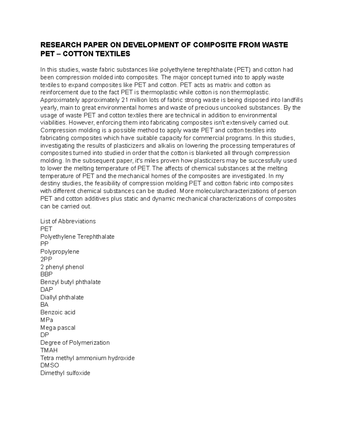 Research Paper ON Development OF Composite FROM Waste PET – Cotton ...