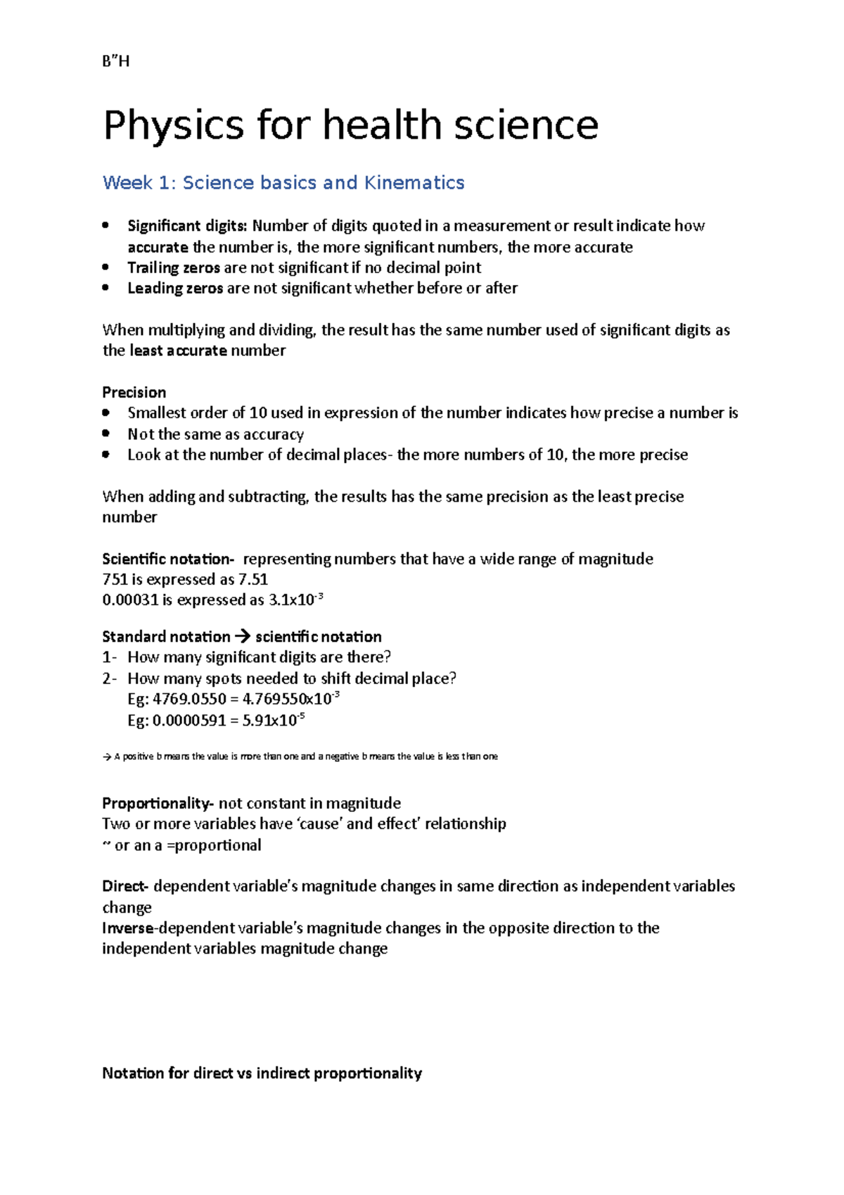 Physics notes week 1 - Physics for health science Week 1: Science ...
