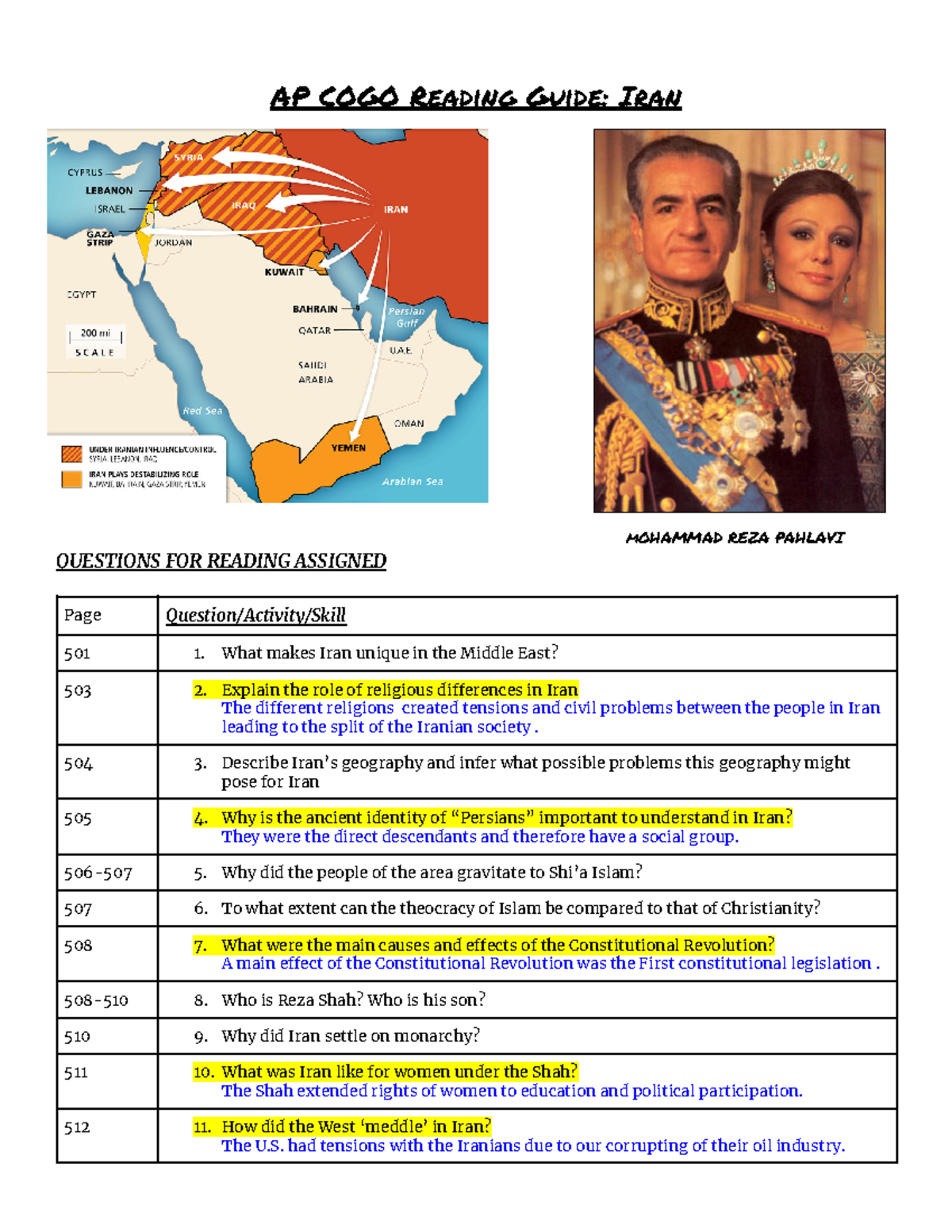 O Neil Questions.WITH Numbers -IRAN - AP COGO Reading Guide: Iran ...