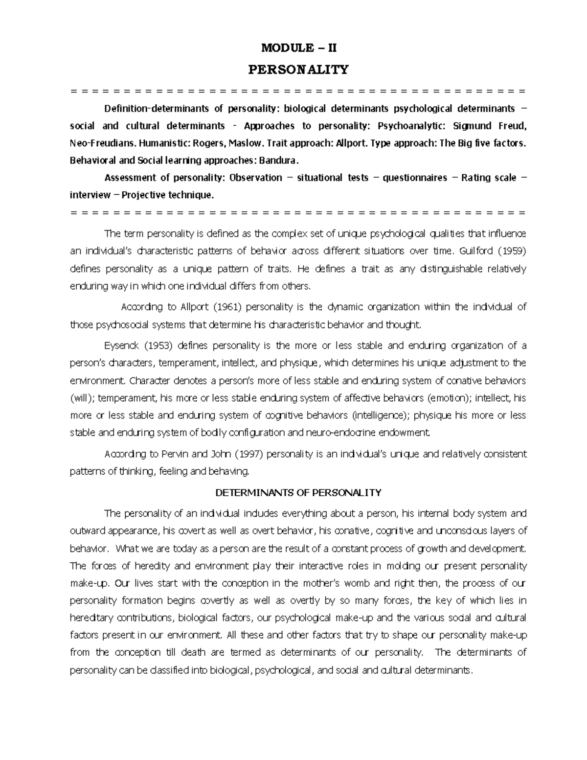 02. Personality - 13 - Engineering notes - MODULE – II PERSONALITY