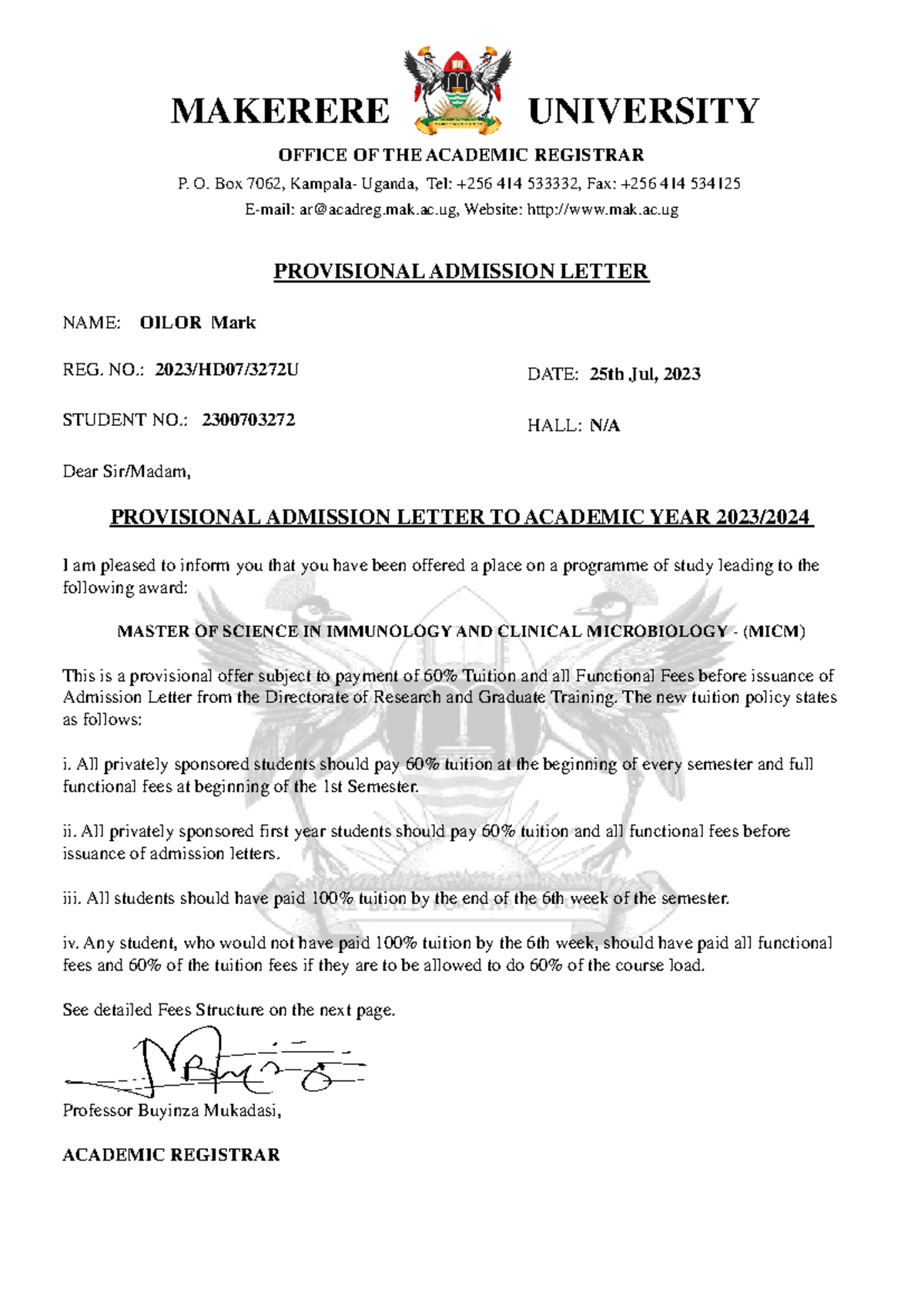 Admission letter - I need information about health systems management ...